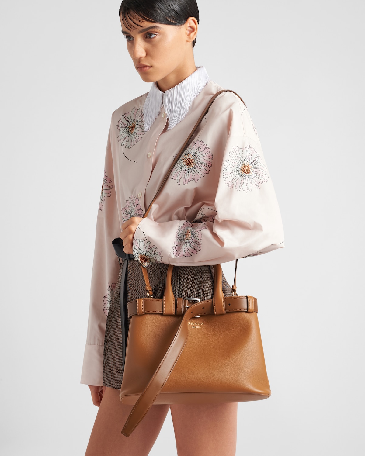Caramel Prada Buckle Medium Leather Handbag With Belt | PRADA