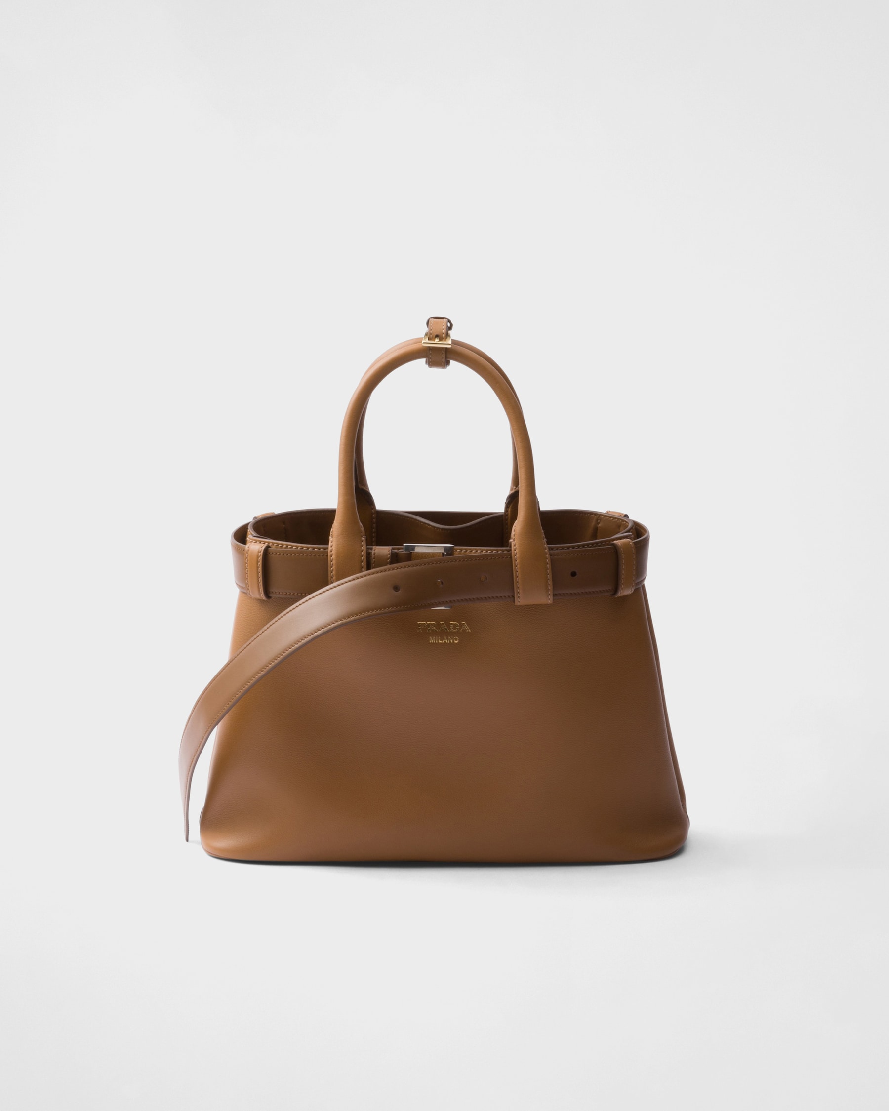 Caramel Prada Buckle Medium Leather Handbag With Belt | PRADA