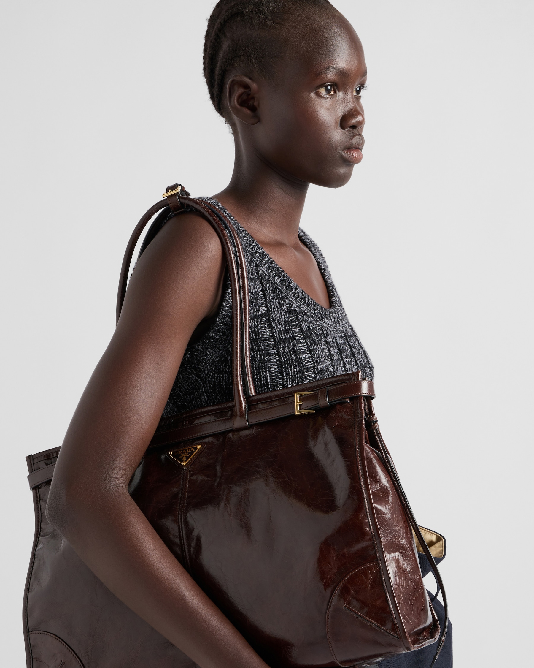 Dark Brown Large Leather Handbag | PRADA