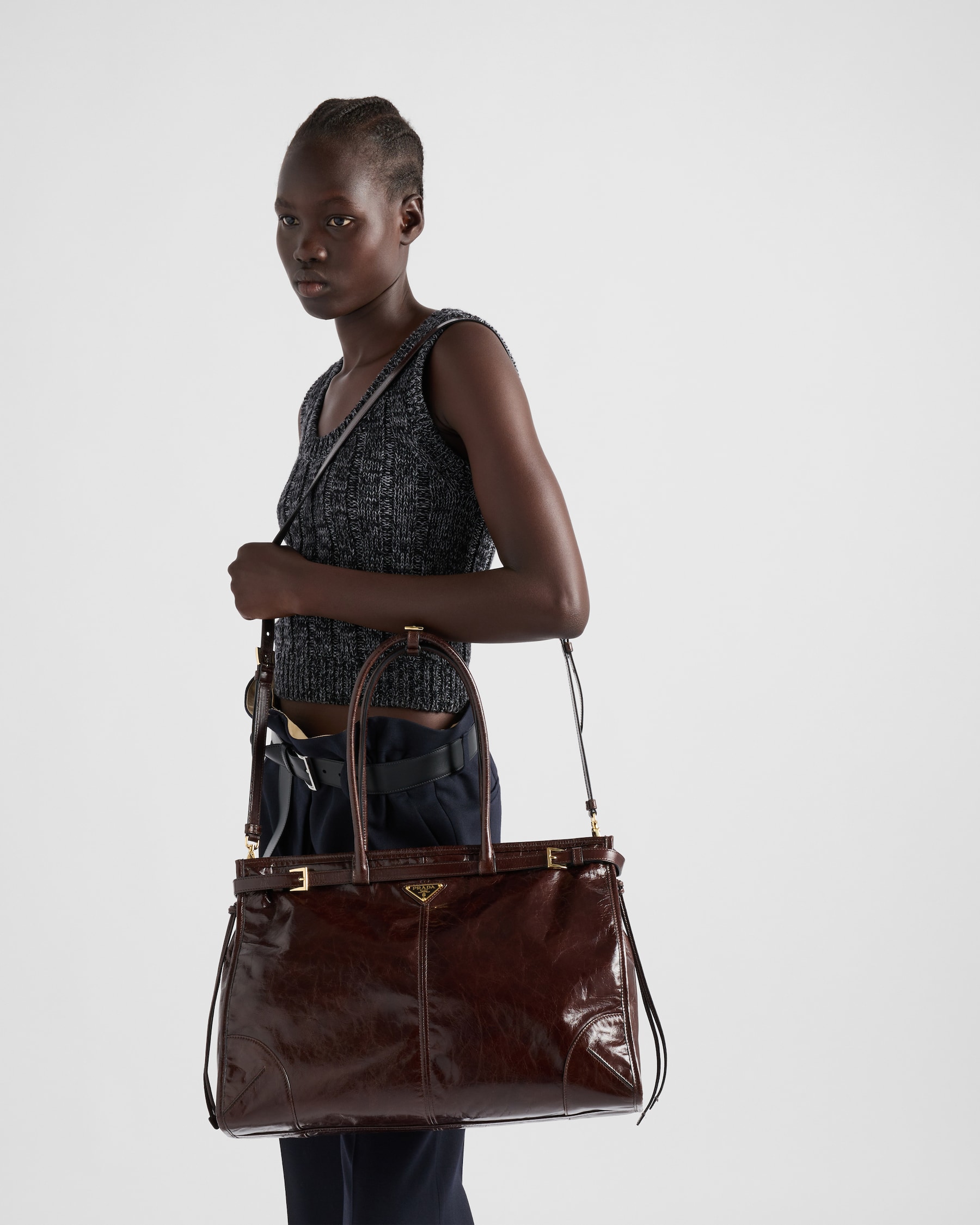 Dark Brown Prada Bonnie Extra Large Leather Handbag | PRADA