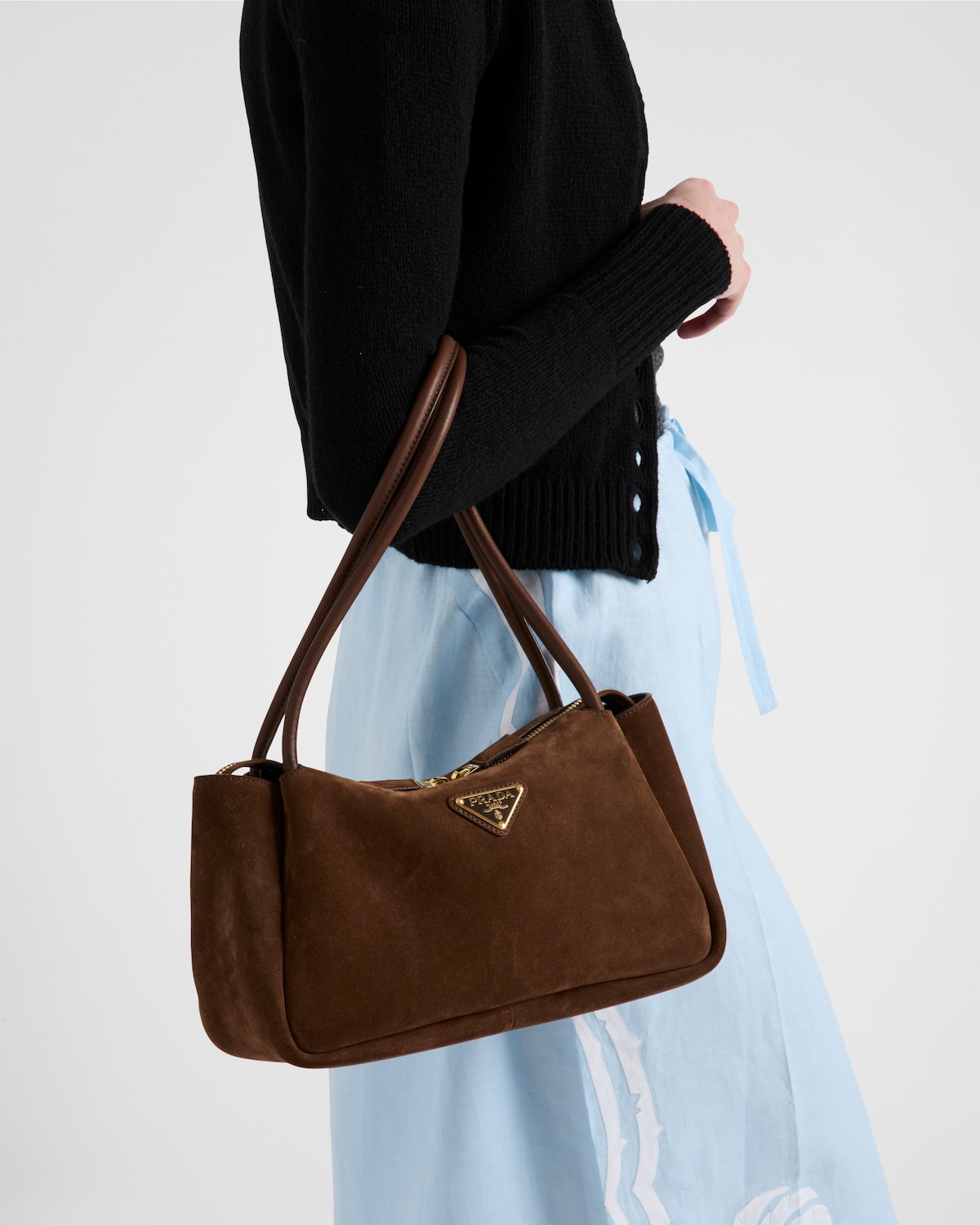 Cocoa Brown Medium Suede Shoulder Bag | PRADA