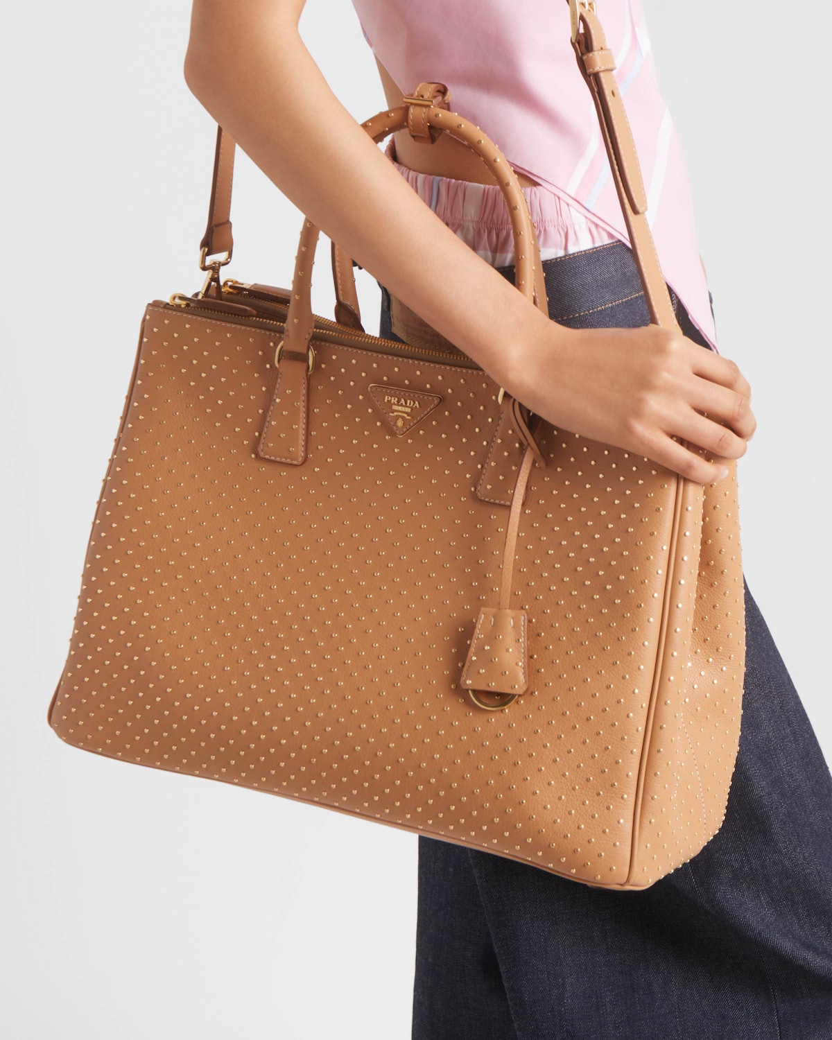 Natural Prada Buckle Extra-large Studded Leather Bag | PRADA