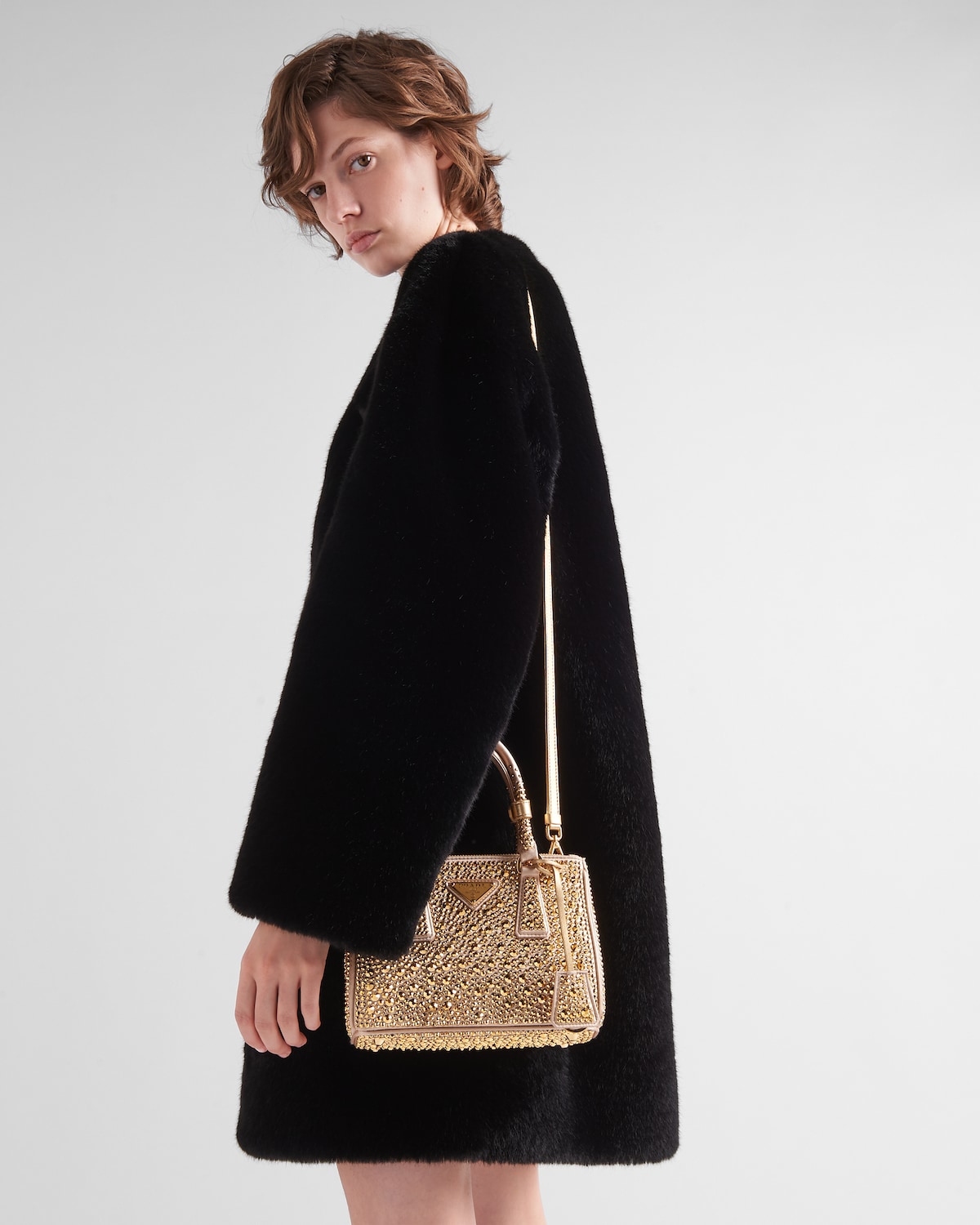 Platinum Prada Galleria Satin Mini-bag With Crystals | PRADA