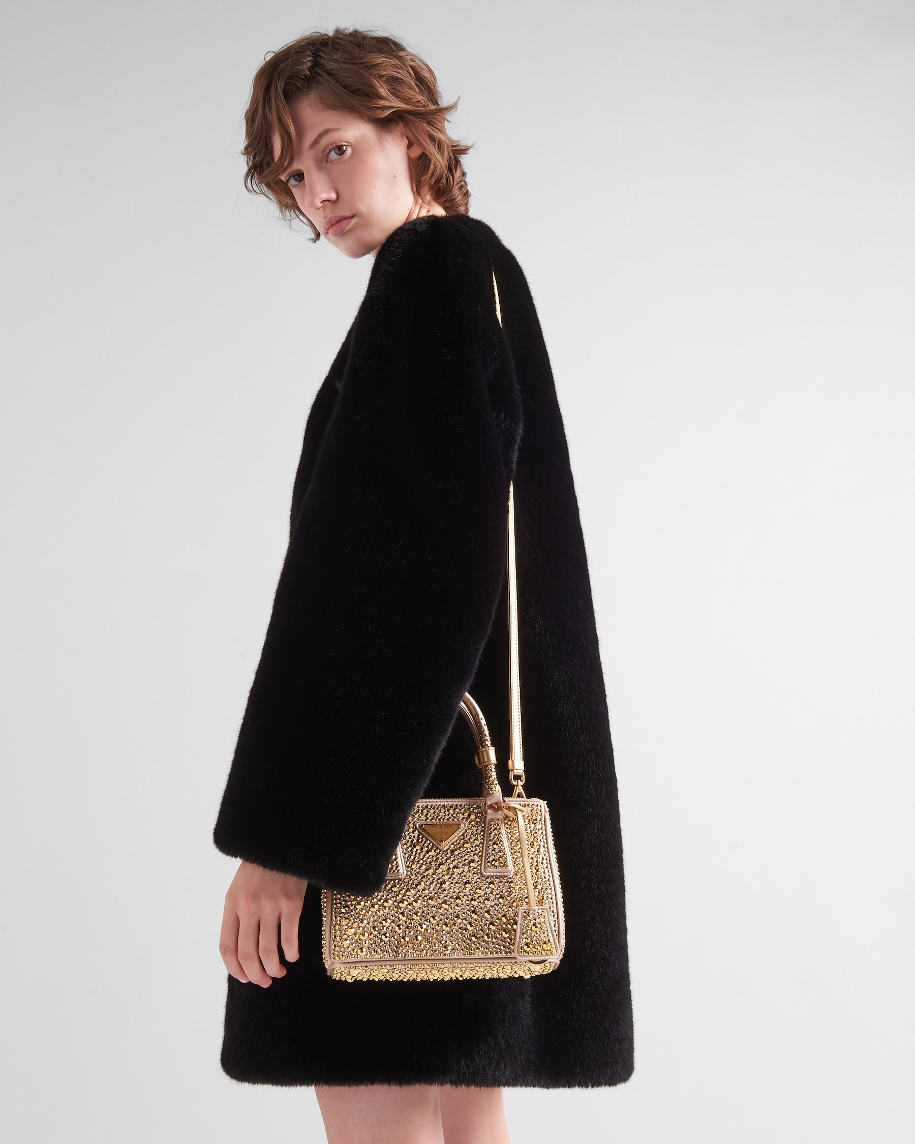 Platinum Prada Galleria Satin Mini-bag With Crystals | PRADA