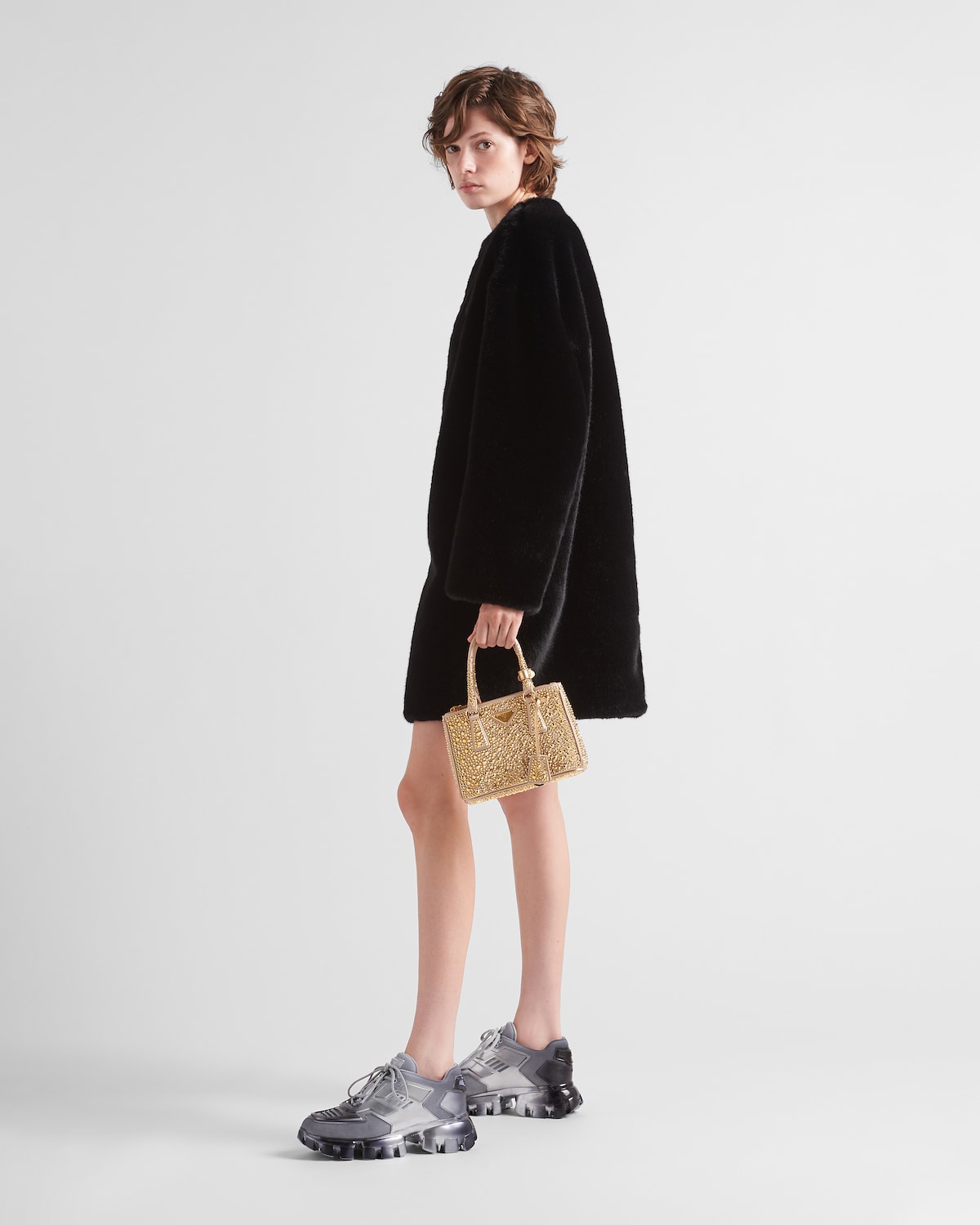 Platinum Prada Galleria Satin Mini-bag With Crystals | PRADA