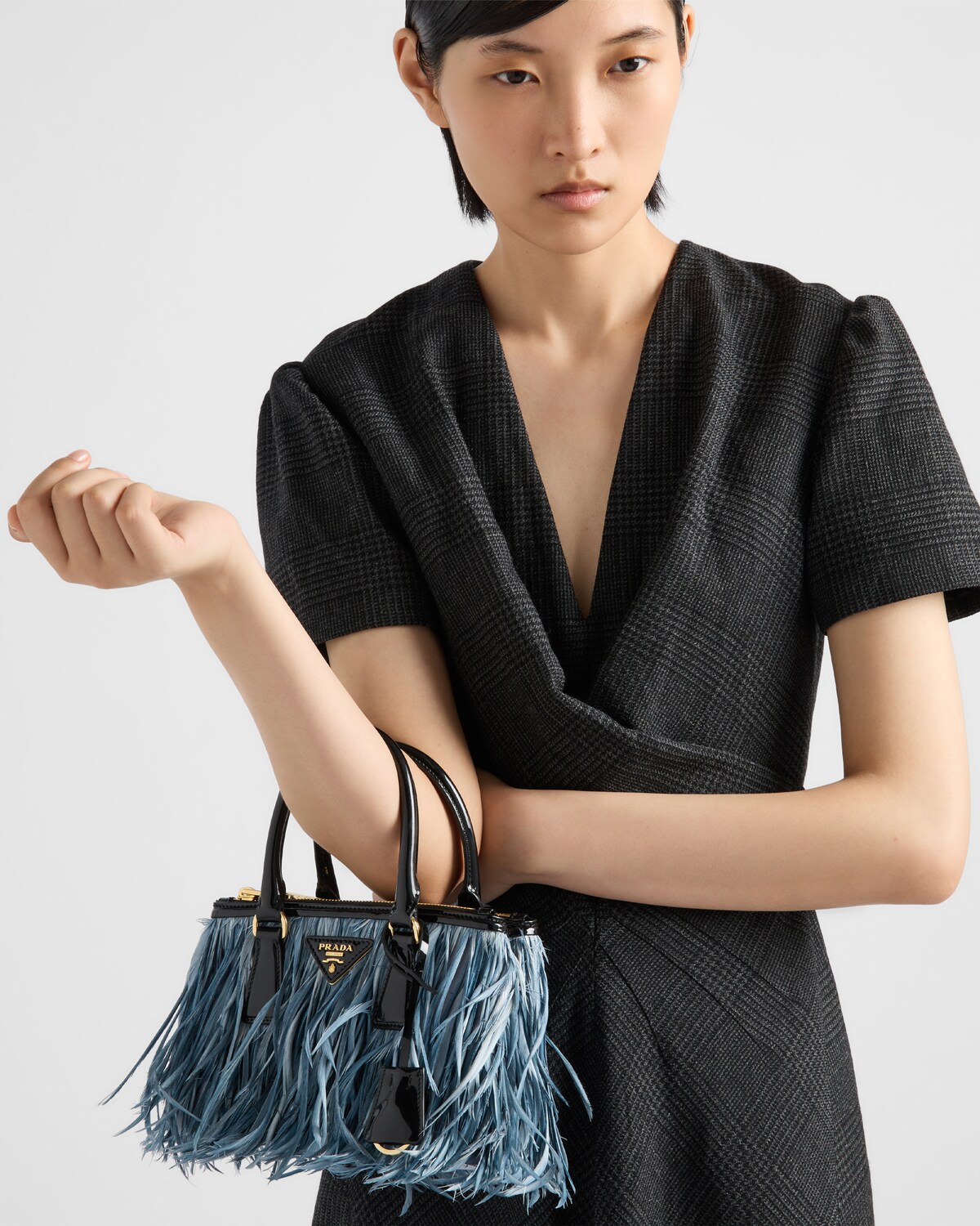 Celeste/black Prada Galleria Mini-bag With Feather Trim | PRADA