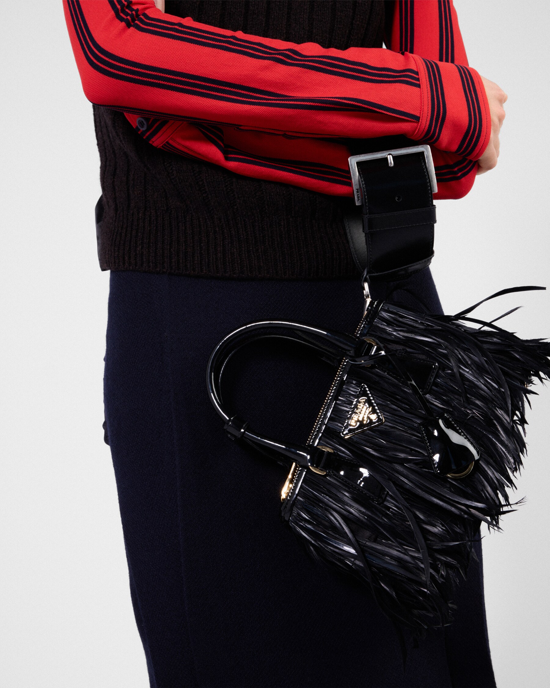 Black Prada Galleria Mini-bag With Feather Trim | PRADA