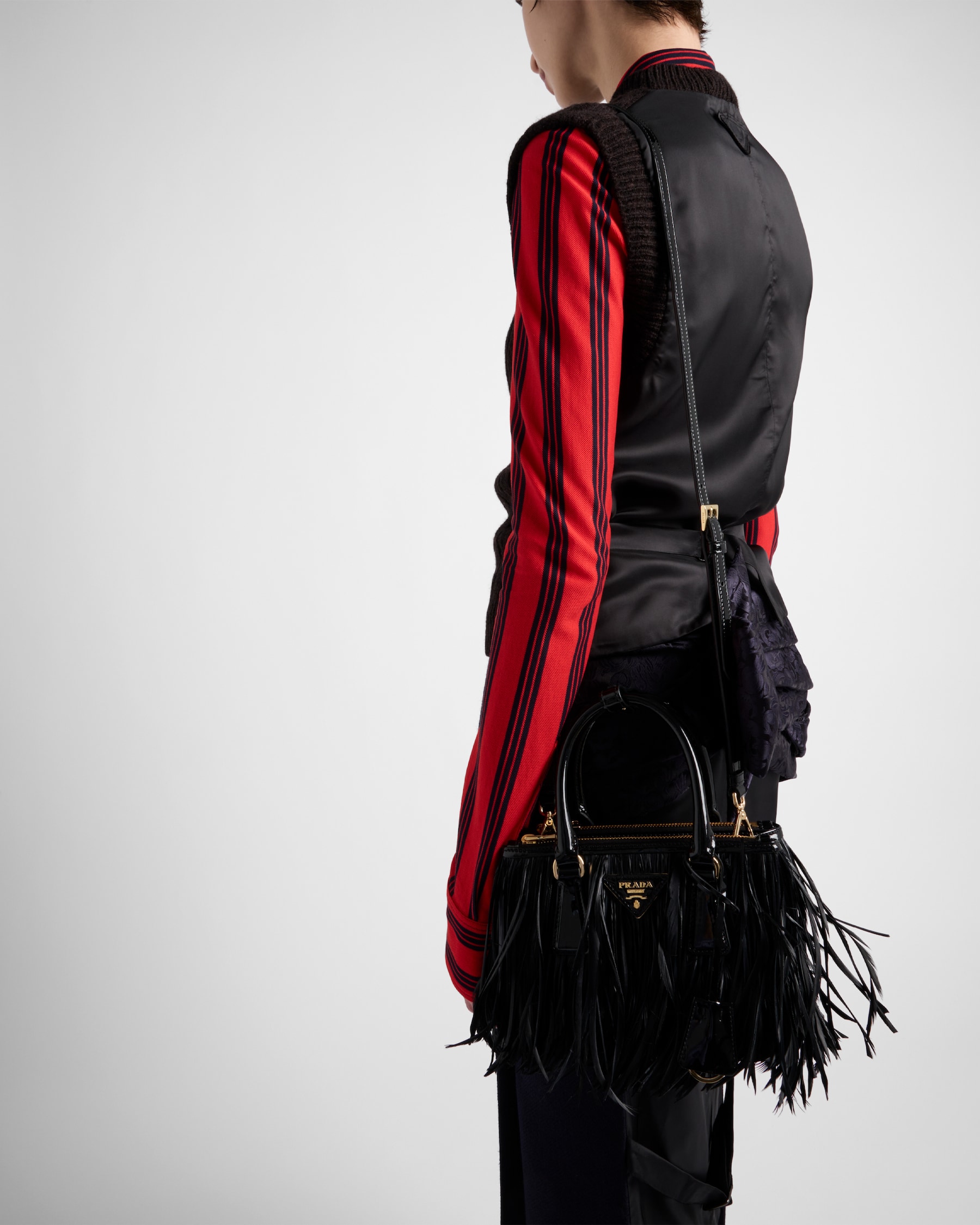 Black Prada Galleria Mini-bag With Feather Trim | PRADA