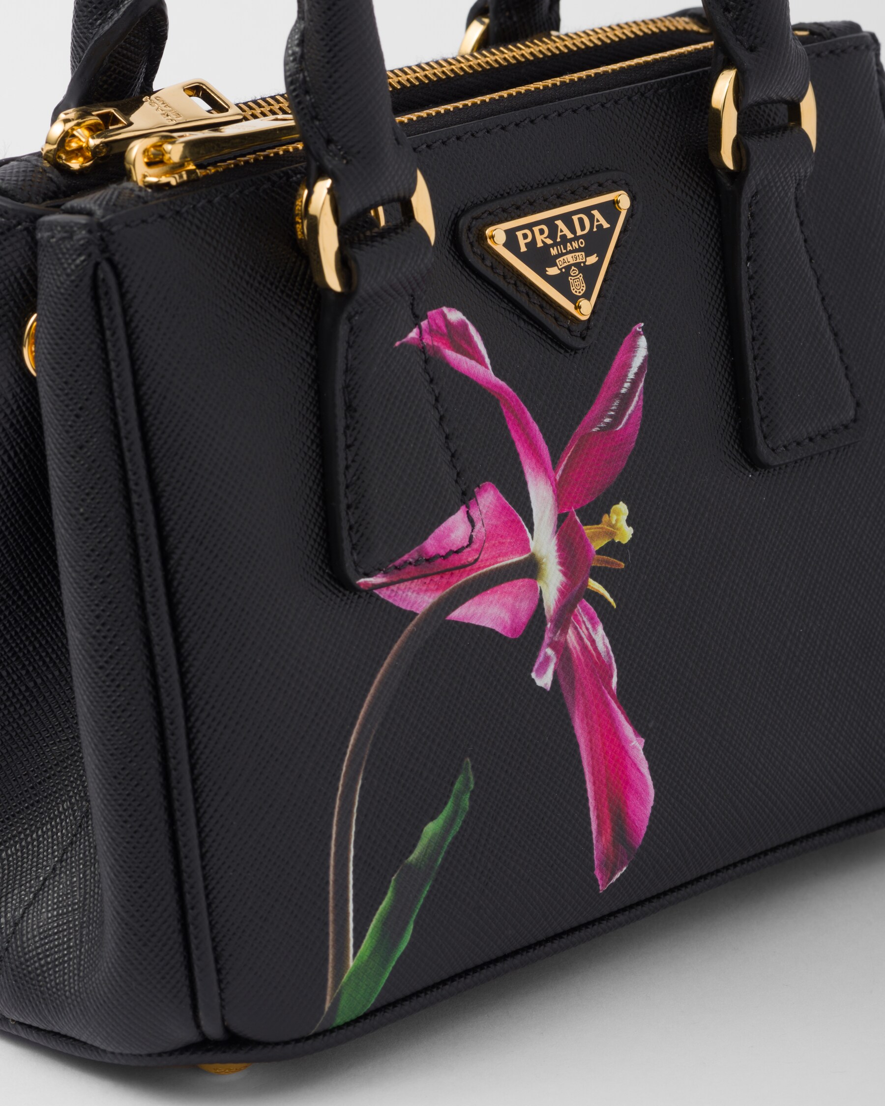 Black Prada Galleria Floral-print Saffiano Leather Mini-bag | PRADA