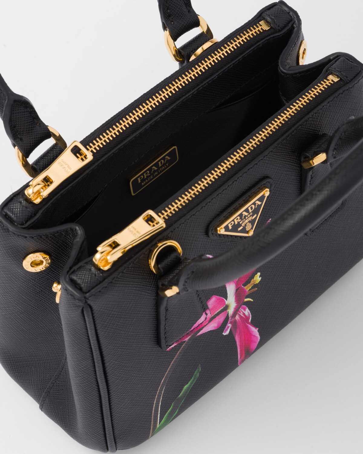 Black Prada Galleria Floral-print Saffiano Leather Mini-bag | PRADA