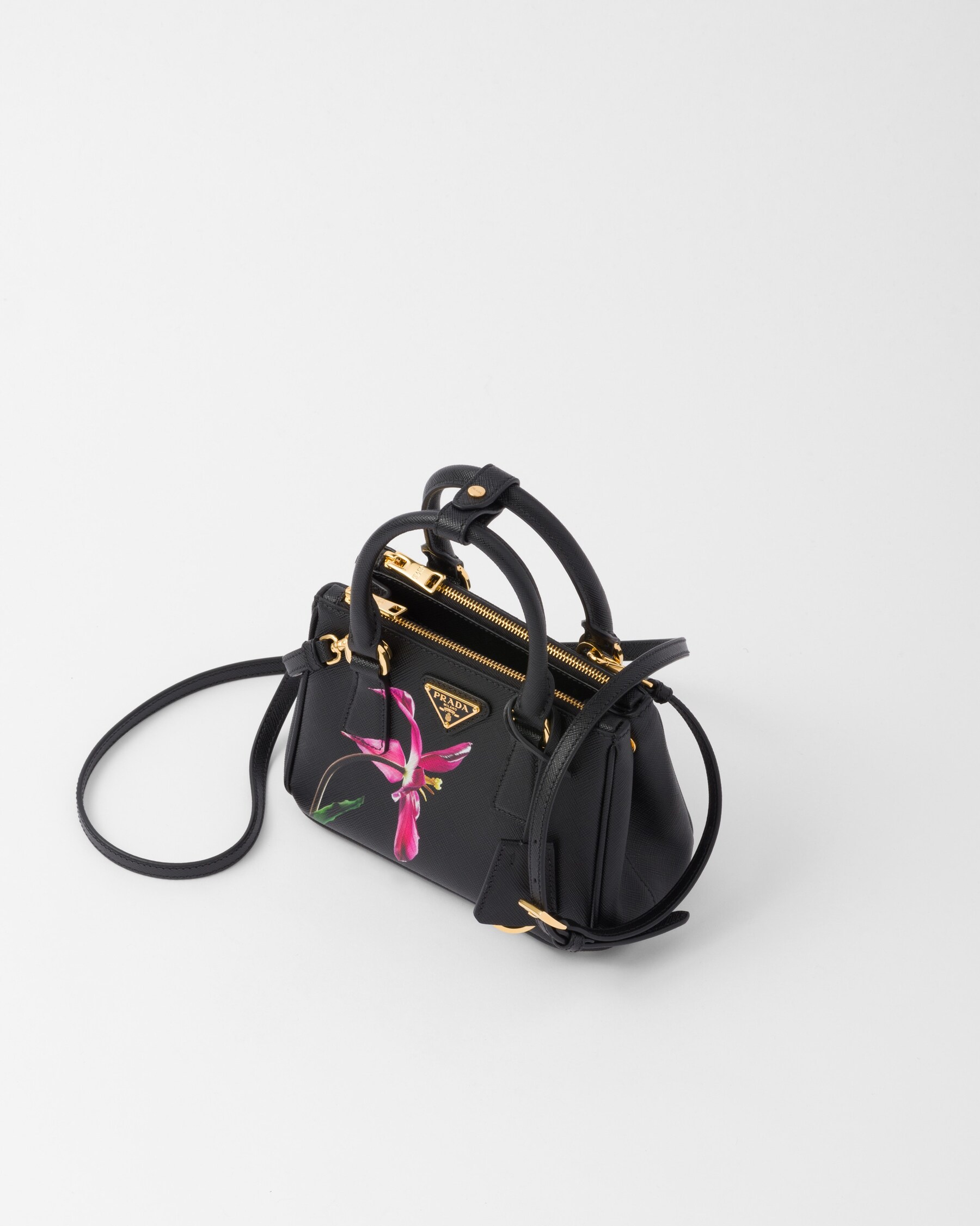 Black Prada Galleria Floral-print Saffiano Leather Mini-bag | PRADA