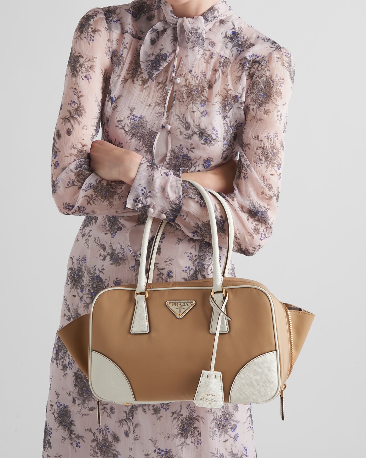 Camel/white Prada Re-edition 1978 Medium Re-nylon And Saffiano Leather ...