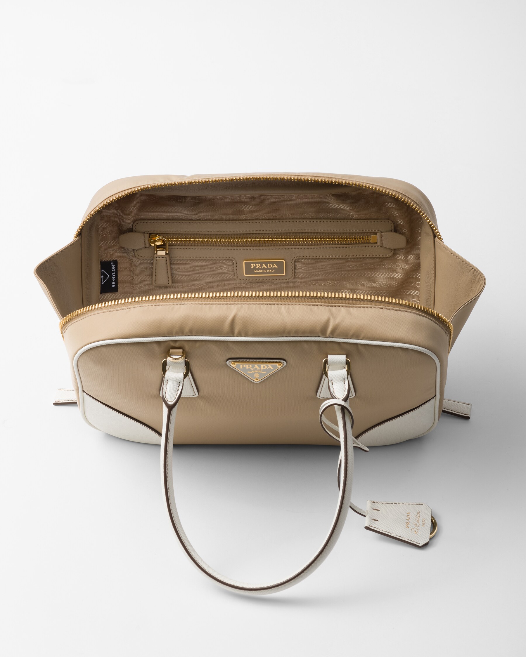 Camel/white Prada Re-edition 1978 Medium Re-nylon And Saffiano Leather ...