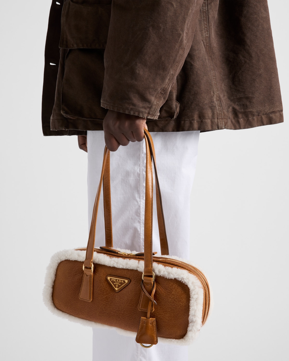 Cognac/natural Medium Shearling Two-handle Bag | PRADA