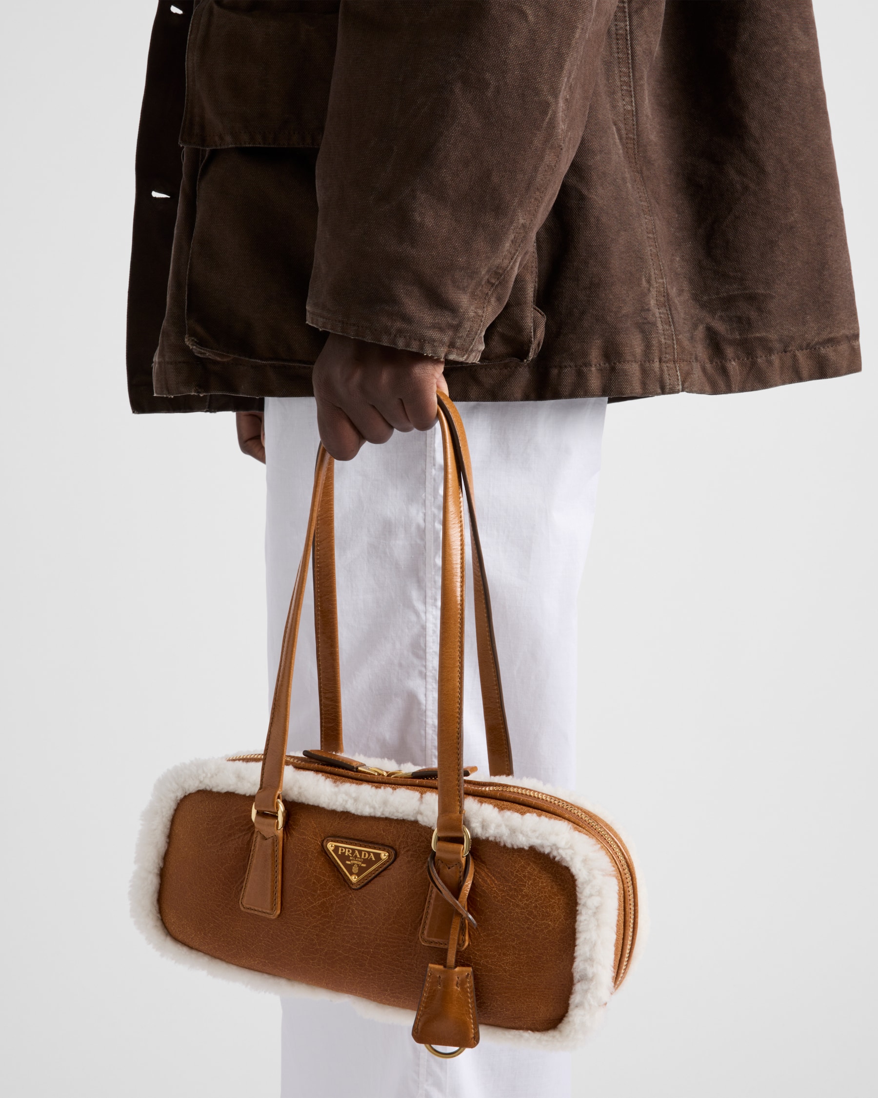 Cognac/natural Medium Shearling Two-handle Bag | PRADA