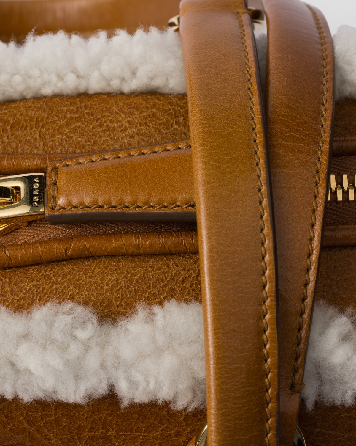 Cognac/natural Medium Shearling Two-handle Bag | PRADA