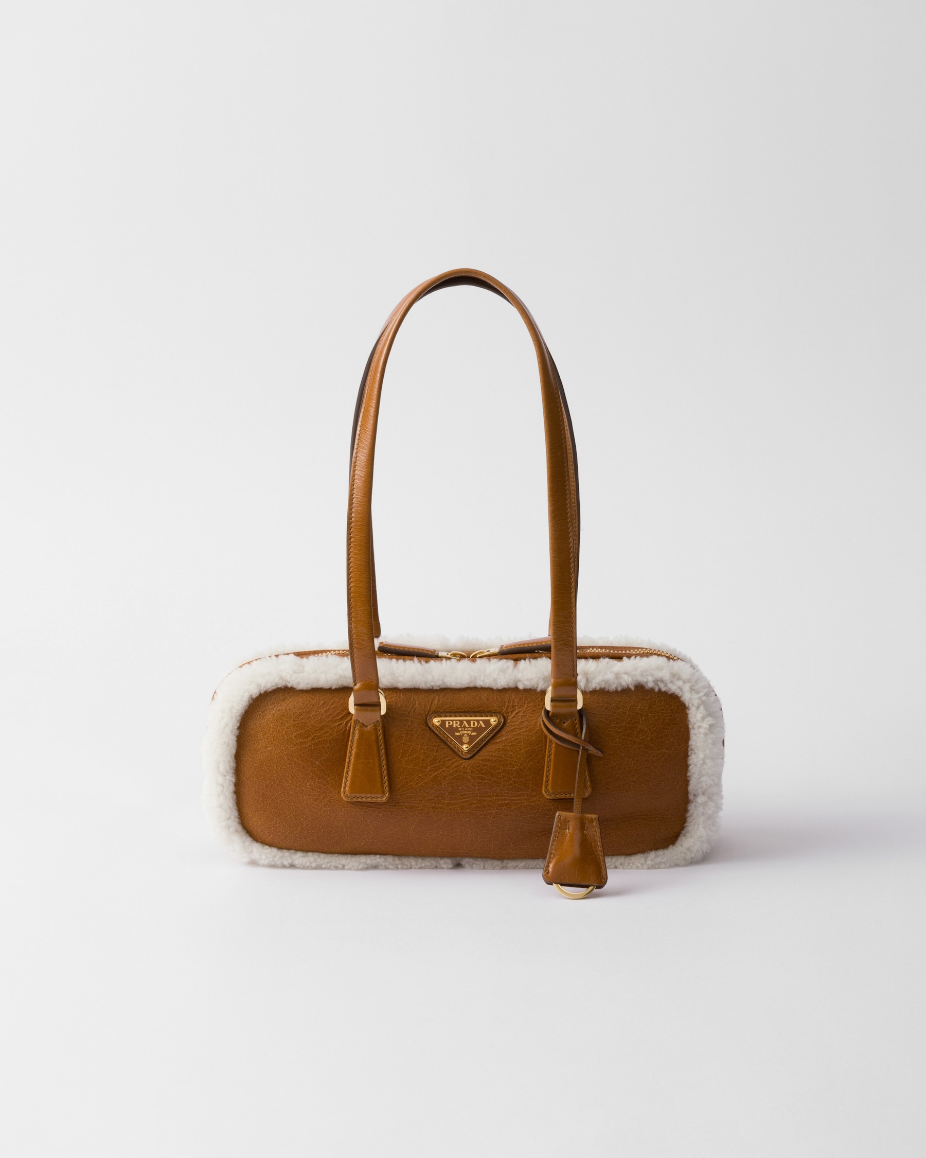 Cognac/natural Medium Shearling Two-handle Bag | PRADA