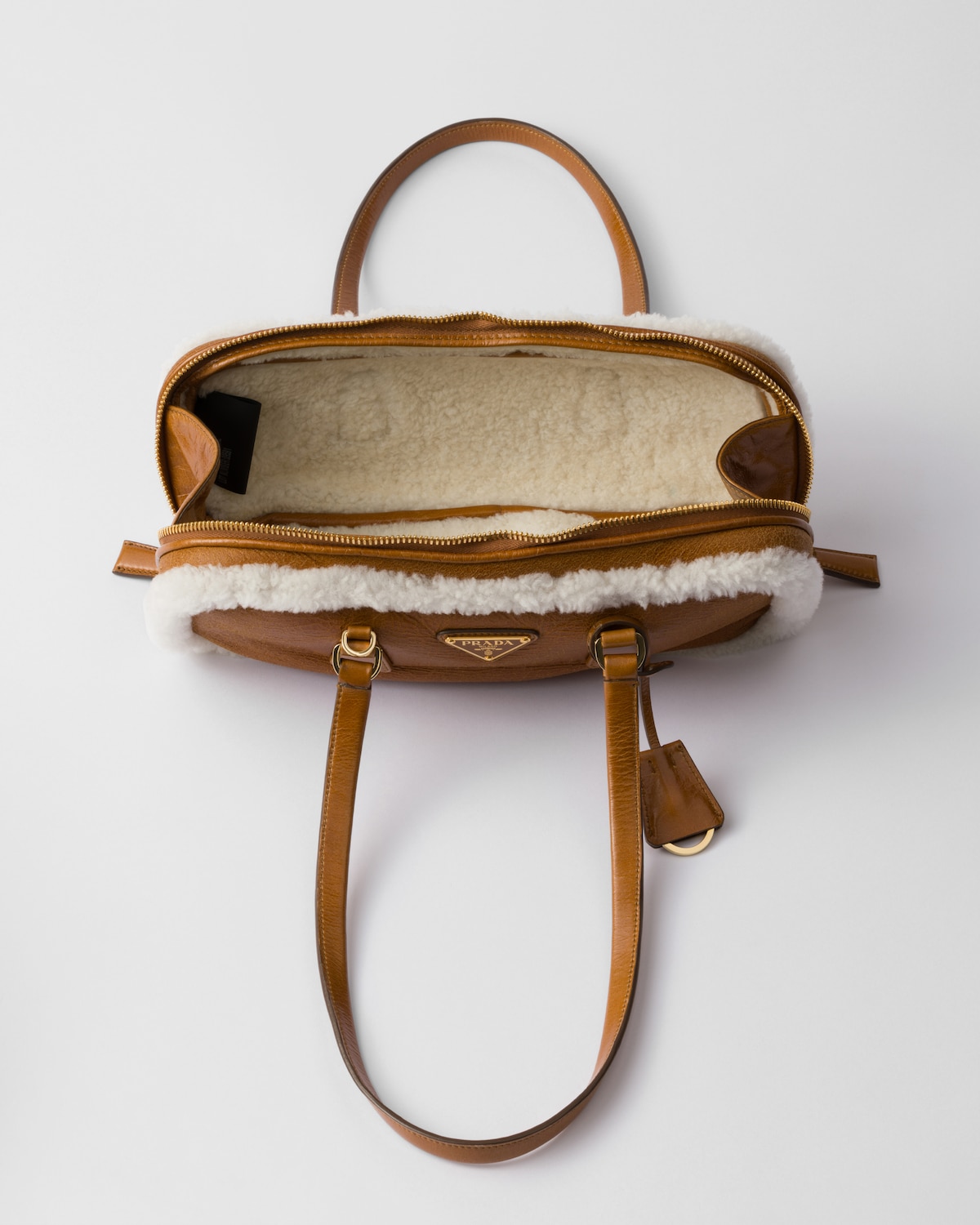 Cognac/natural Medium Shearling Two-handle Bag | PRADA