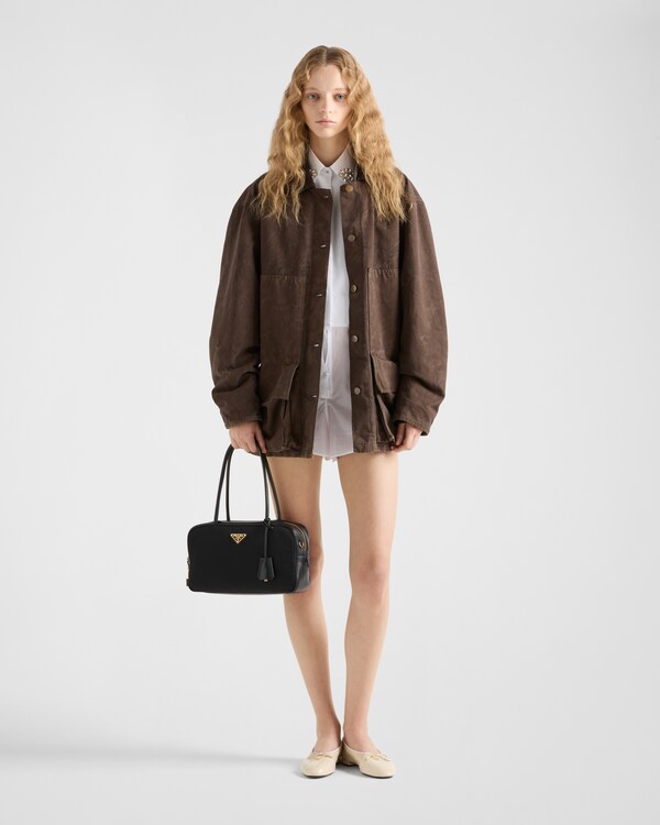 Black Re-nylon And Leather Medium Top-handle Bag With Padlock | PRADA