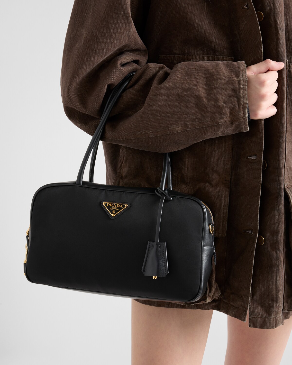 Black Re-nylon And Leather Medium Top-handle Bag With Padlock | PRADA