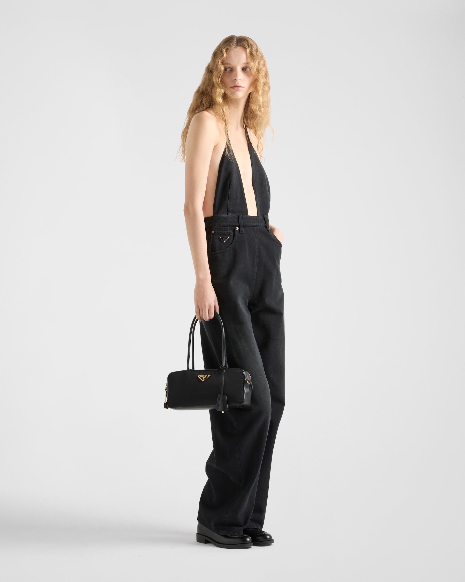 Black Re-nylon And Leather Small Top-handle Bag With Padlock | PRADA