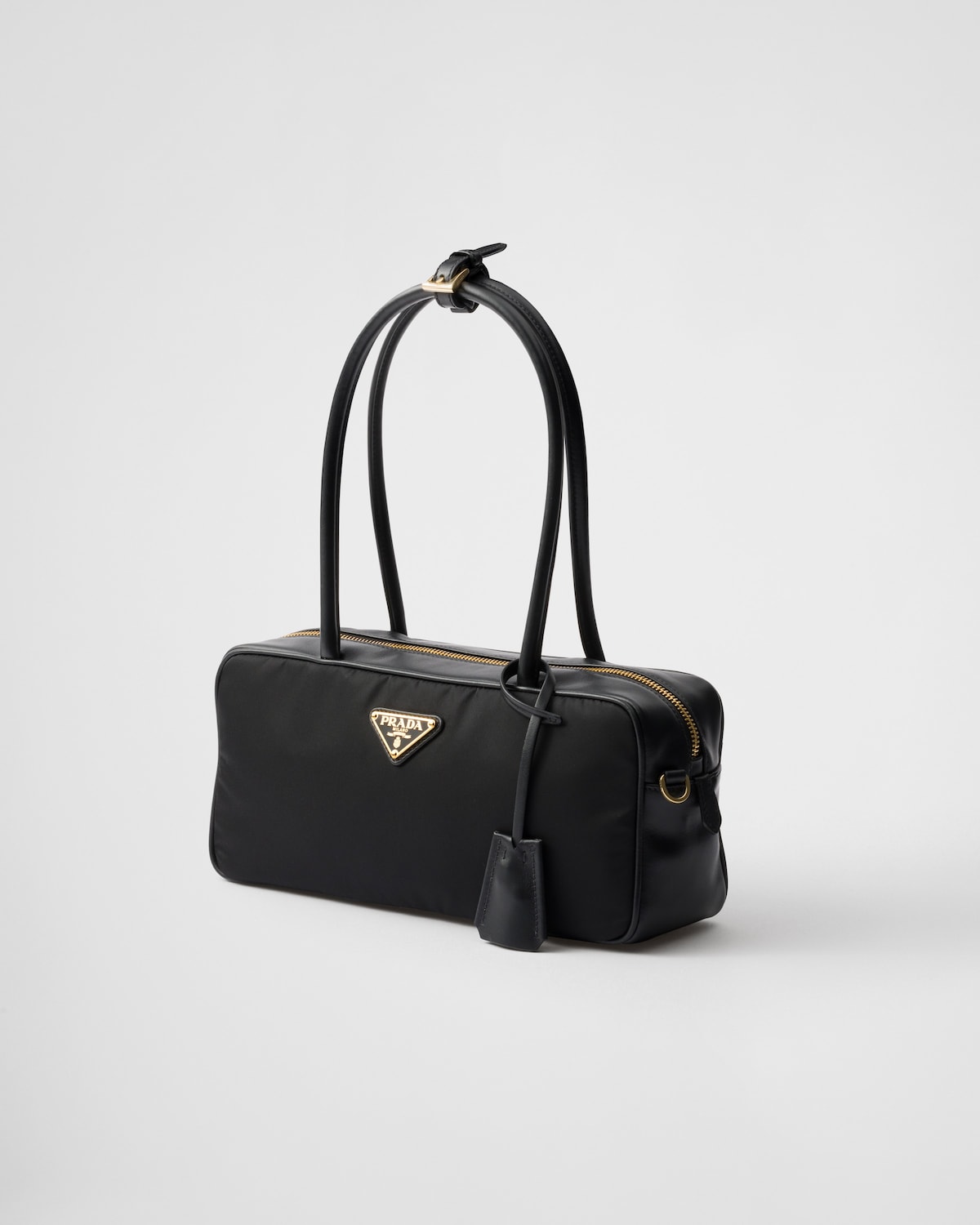 Black Re-nylon And Leather Small Top-handle Bag With Padlock | PRADA