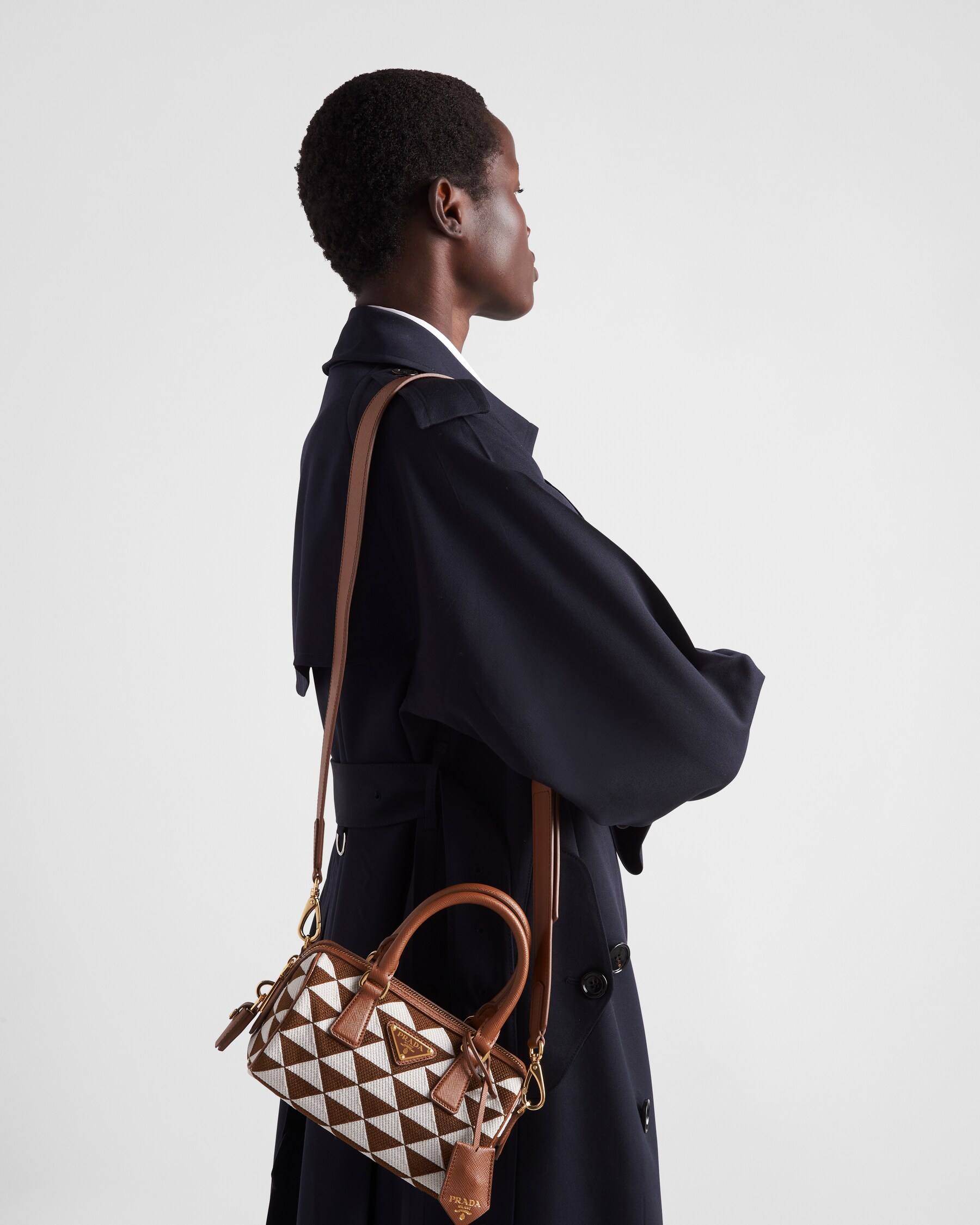 Tobacco/chalk White Prada Symbole Embroidered Fabric Top-handle Bag | PRADA