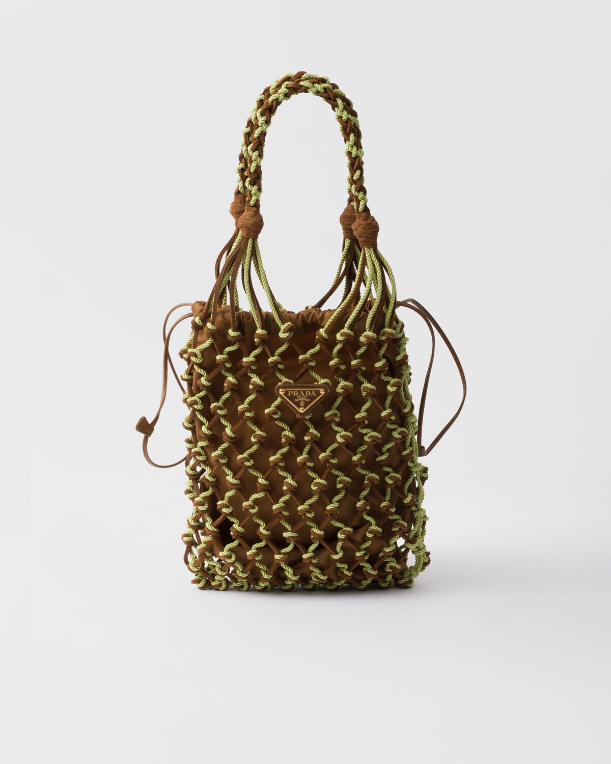 Cocoa Brown/lawn Green Prada Noué Small Macramé And Suede Bag | PRADA