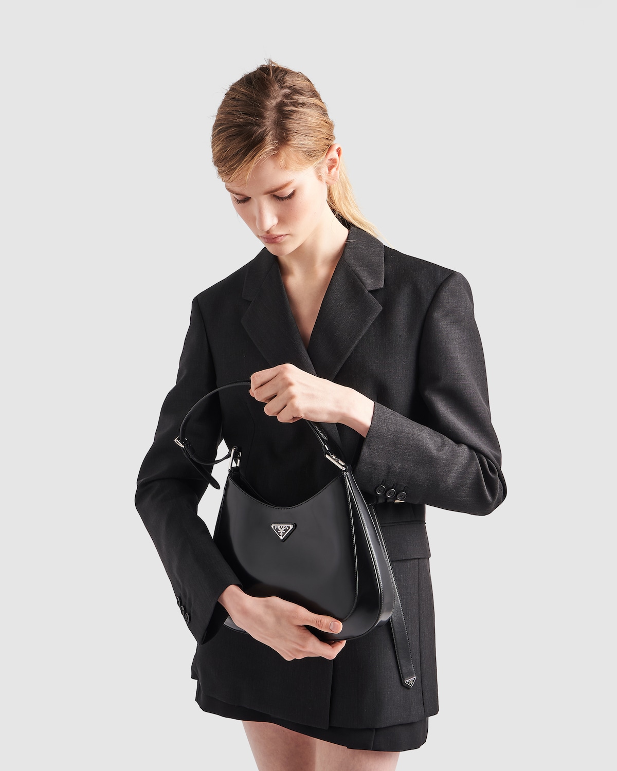 Black Prada Cleo Brushed Leather Shoulder Bag | PRADA