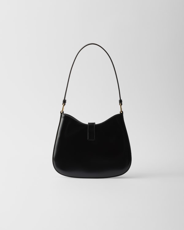 Black Prada Cleo Brushed Leather Shoulder Bag With Clasp Closure | PRADA