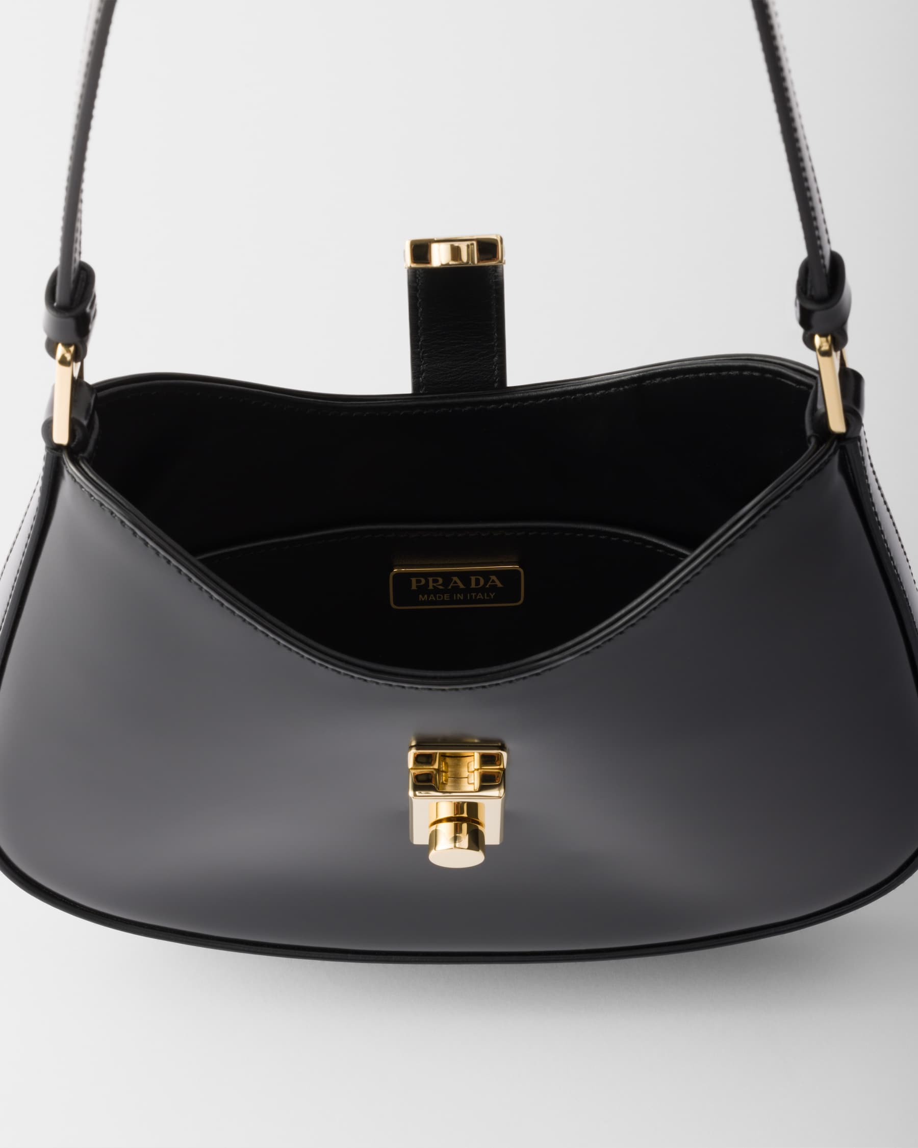 Black Prada Cleo Brushed Leather Shoulder Bag With Clasp Closure | PRADA