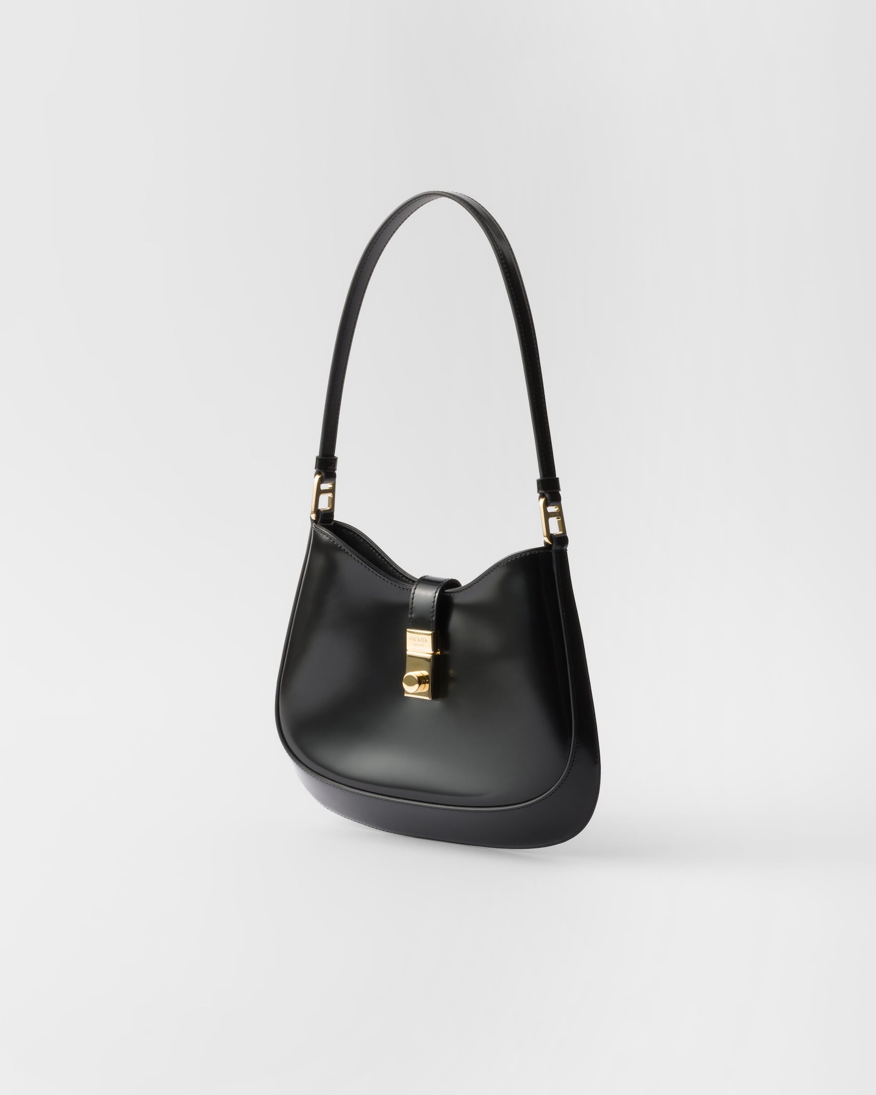 Black Prada Cleo Brushed Leather Shoulder Bag With Clasp Closure | PRADA