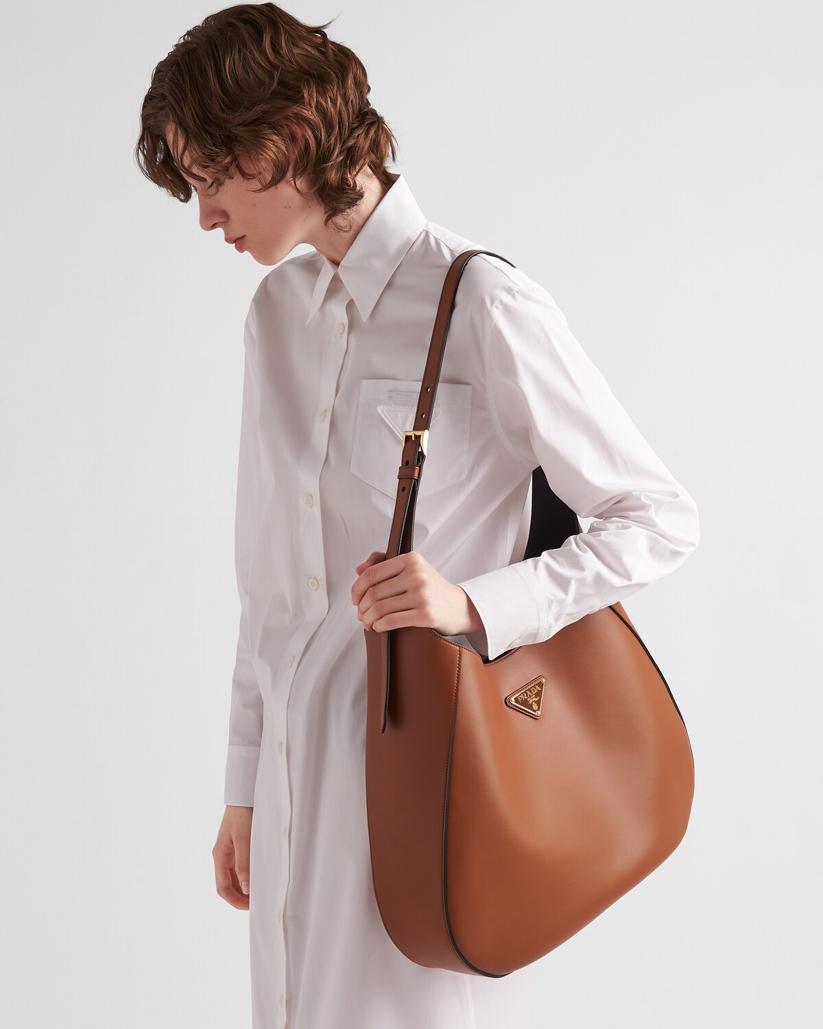 Cognac/black Large Leather Shoulder Bag With Topstitching | PRADA