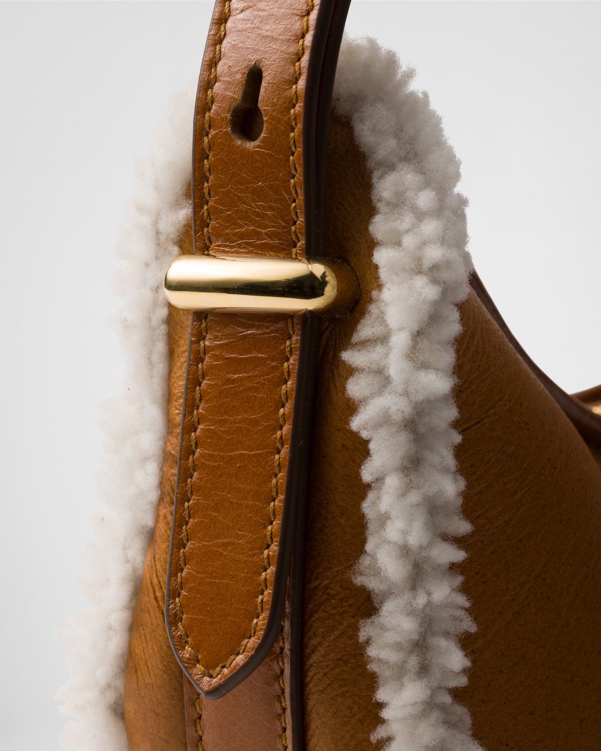 Cognac/natural Prada Arqué Small Shearling Shoulder Bag | PRADA