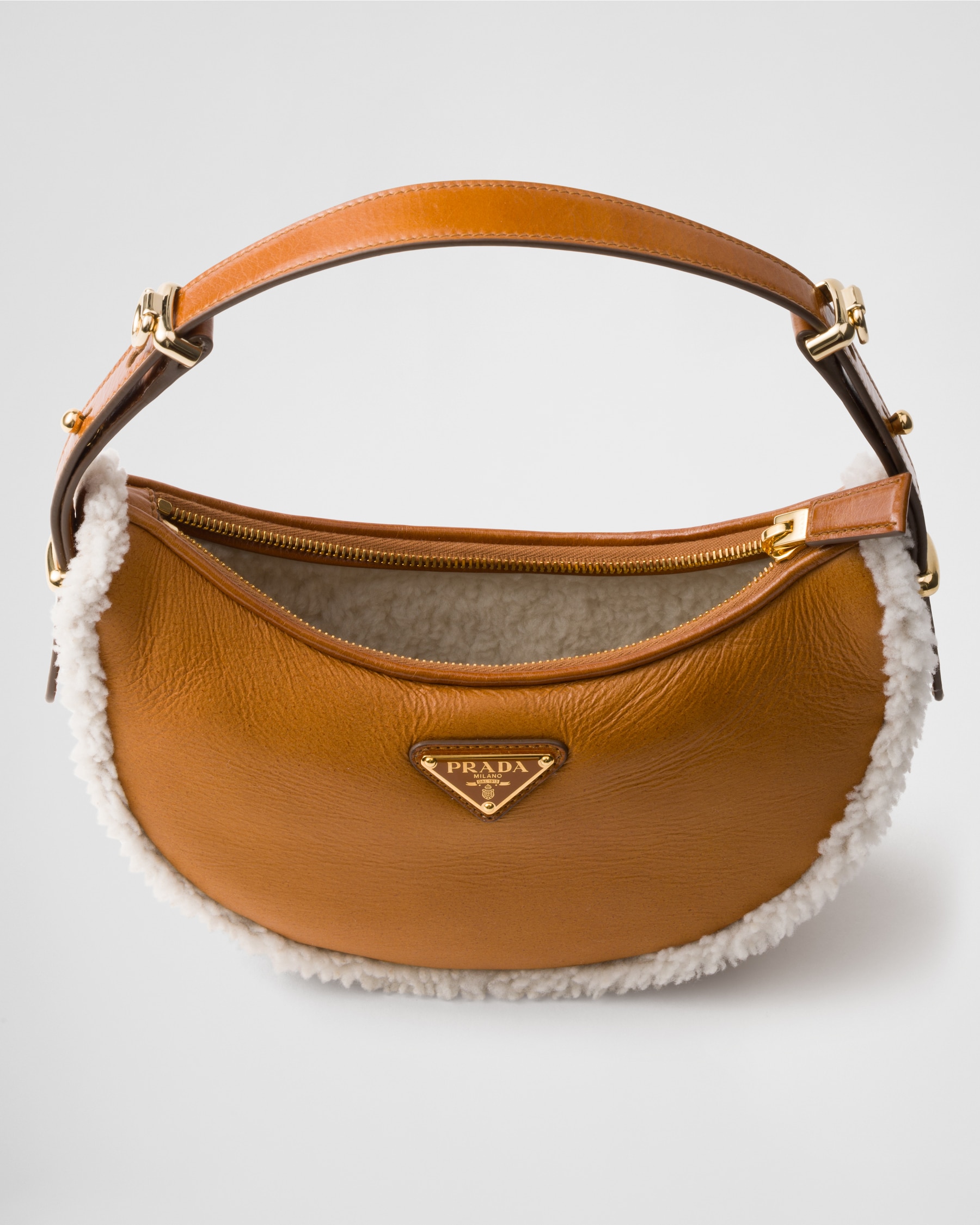 Cognac/natural Prada Arqué Small Shearling Shoulder Bag | PRADA