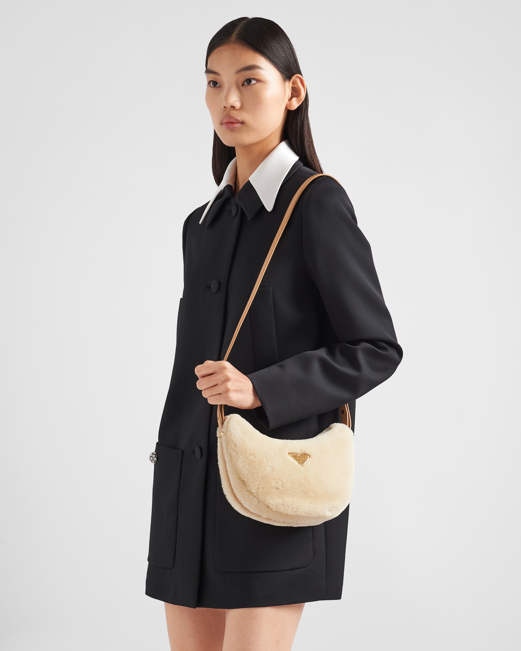 ÉCru/noisette Prada Arqué Shearling And Leather Shoulder Bag | PRADA
