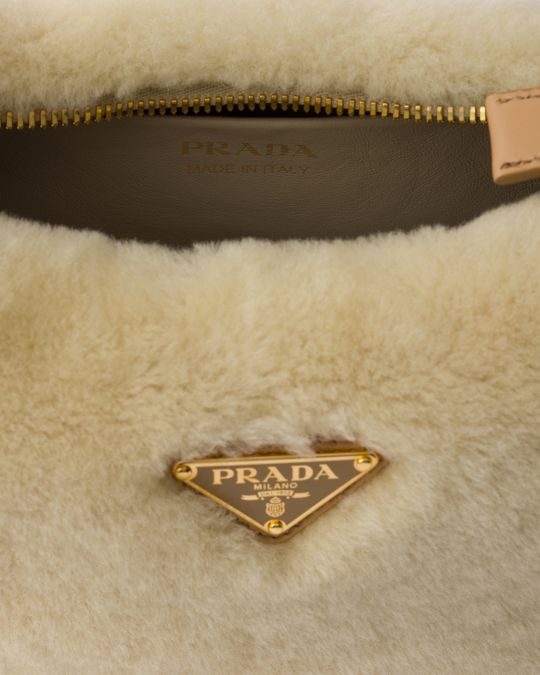 ÉCru/noisette Prada Arqué Shearling And Leather Shoulder Bag | PRADA
