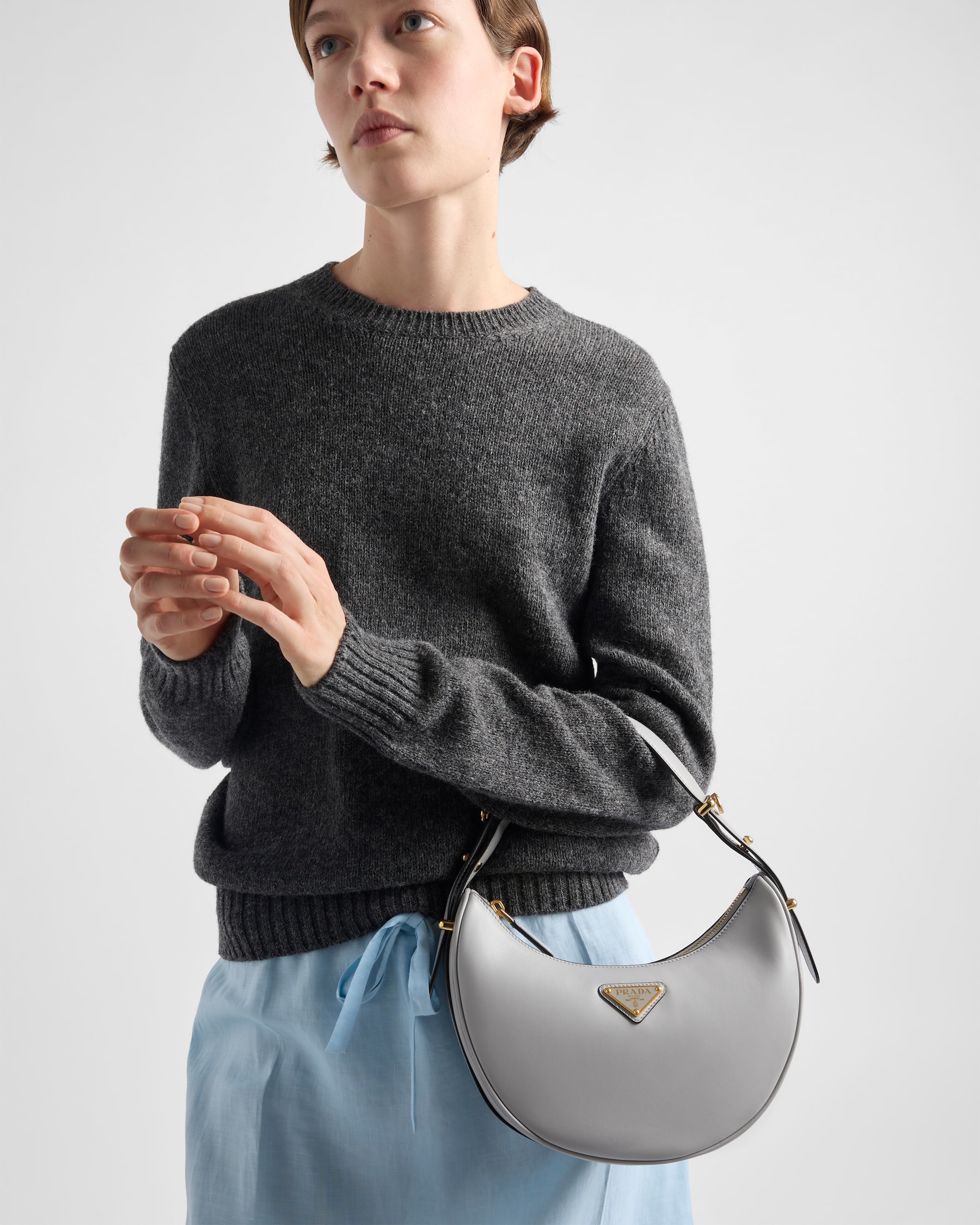 Granite Gray Prada Arqué Small Leather Shoulder Bag | PRADA