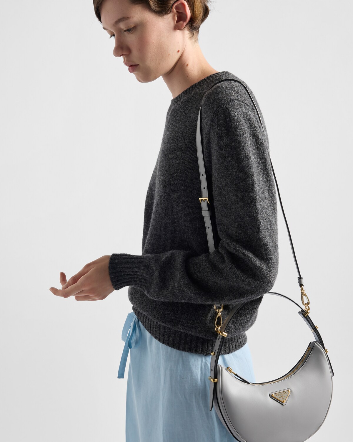 Granite Gray Prada Arqué Small Leather Shoulder Bag | PRADA