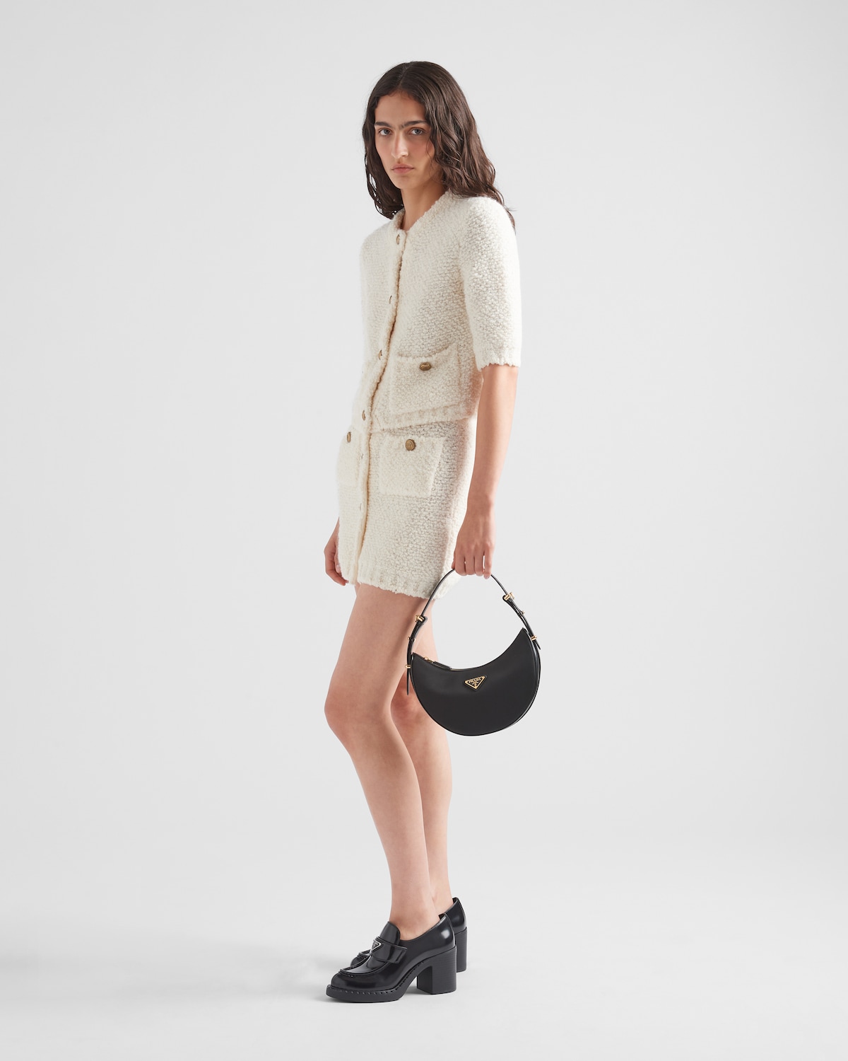 Black Prada Arqué Re-nylon And Brushed Leather Shoulder Bag | PRADA