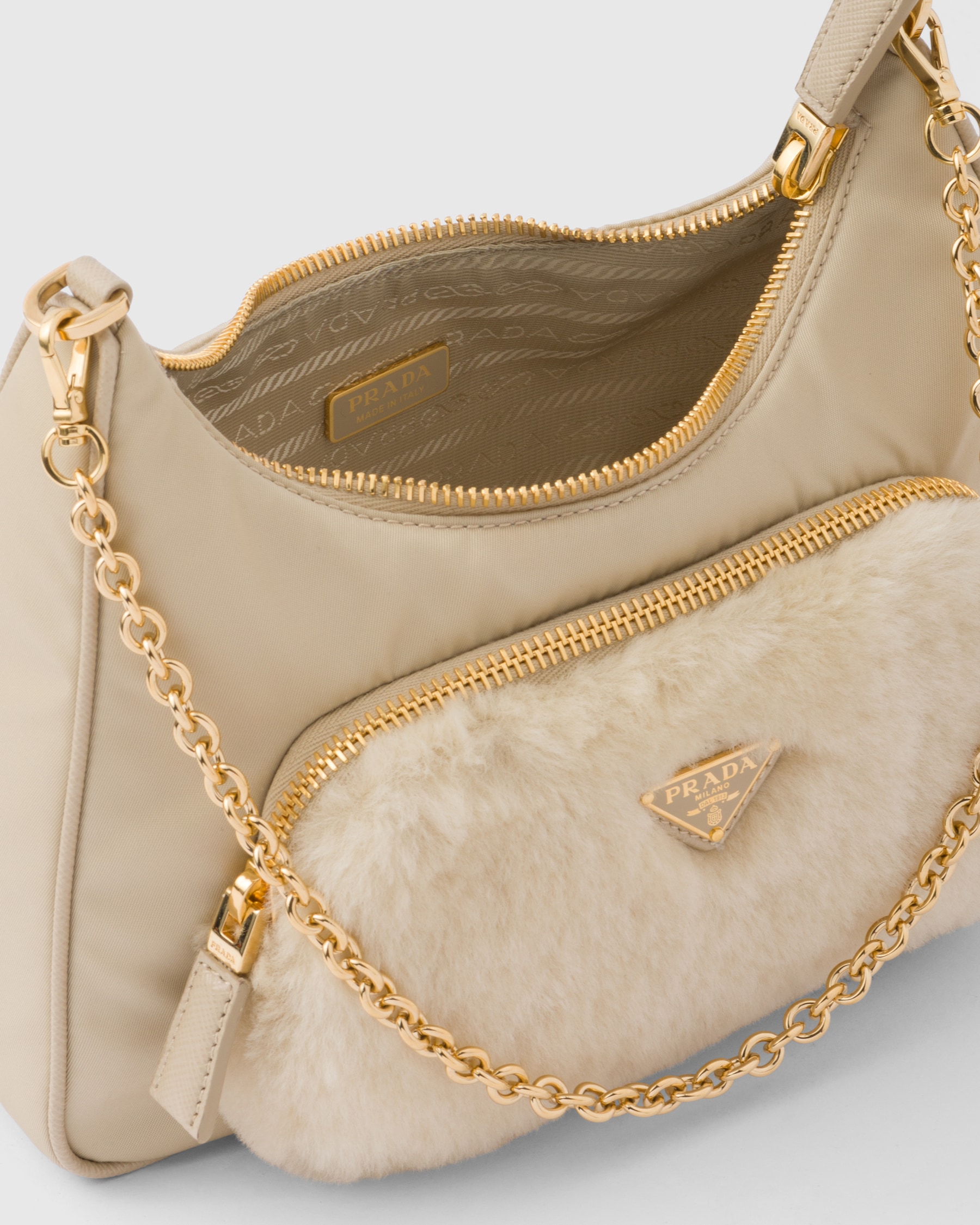 Desert Beige Re-nylon And Shearling Mini-bag | PRADA