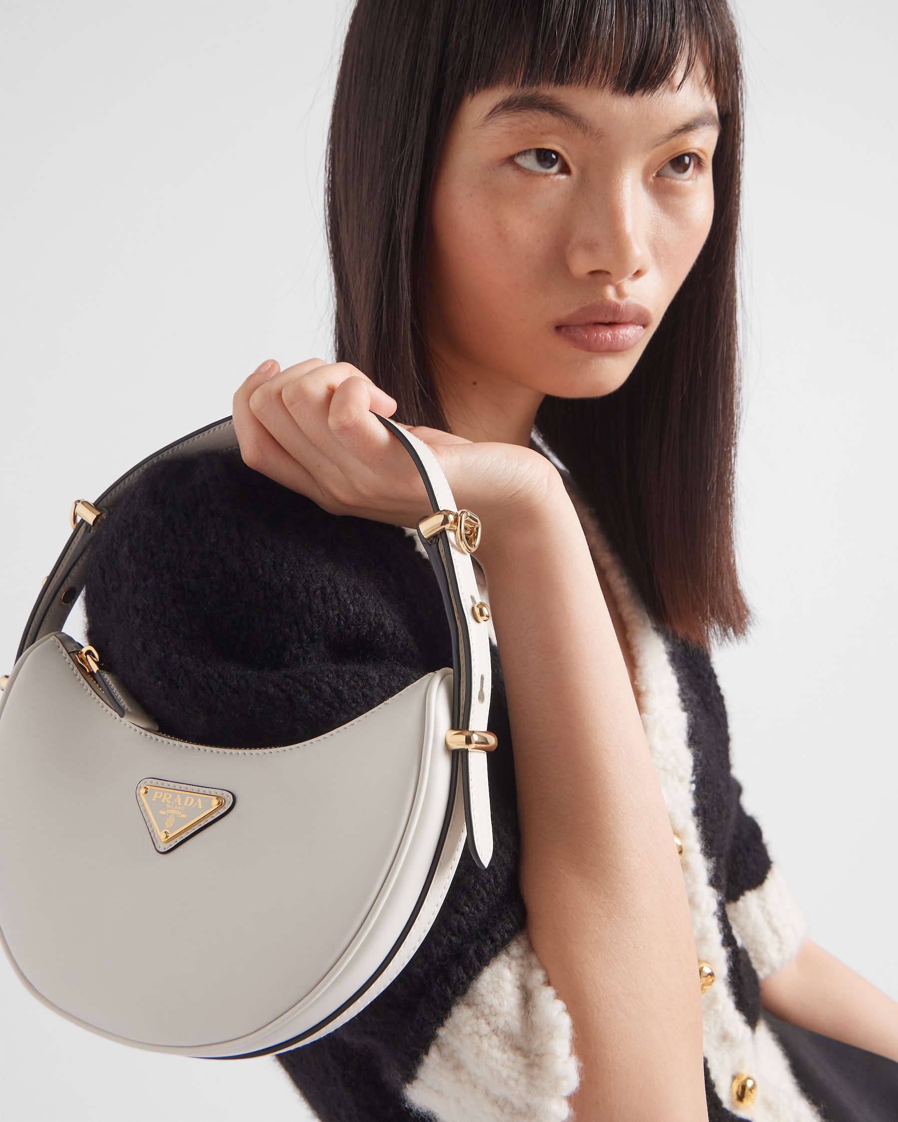 White Prada Arqué Leather Mini Shoulder Bag | PRADA