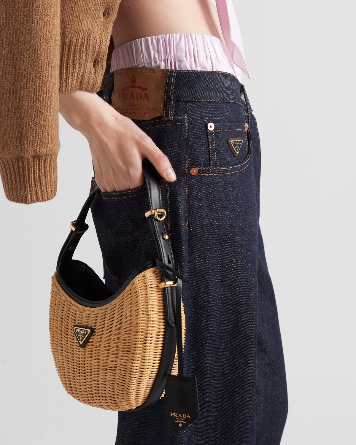 Tan/black Wicker And Leather Prada Arqué Bag | PRADA