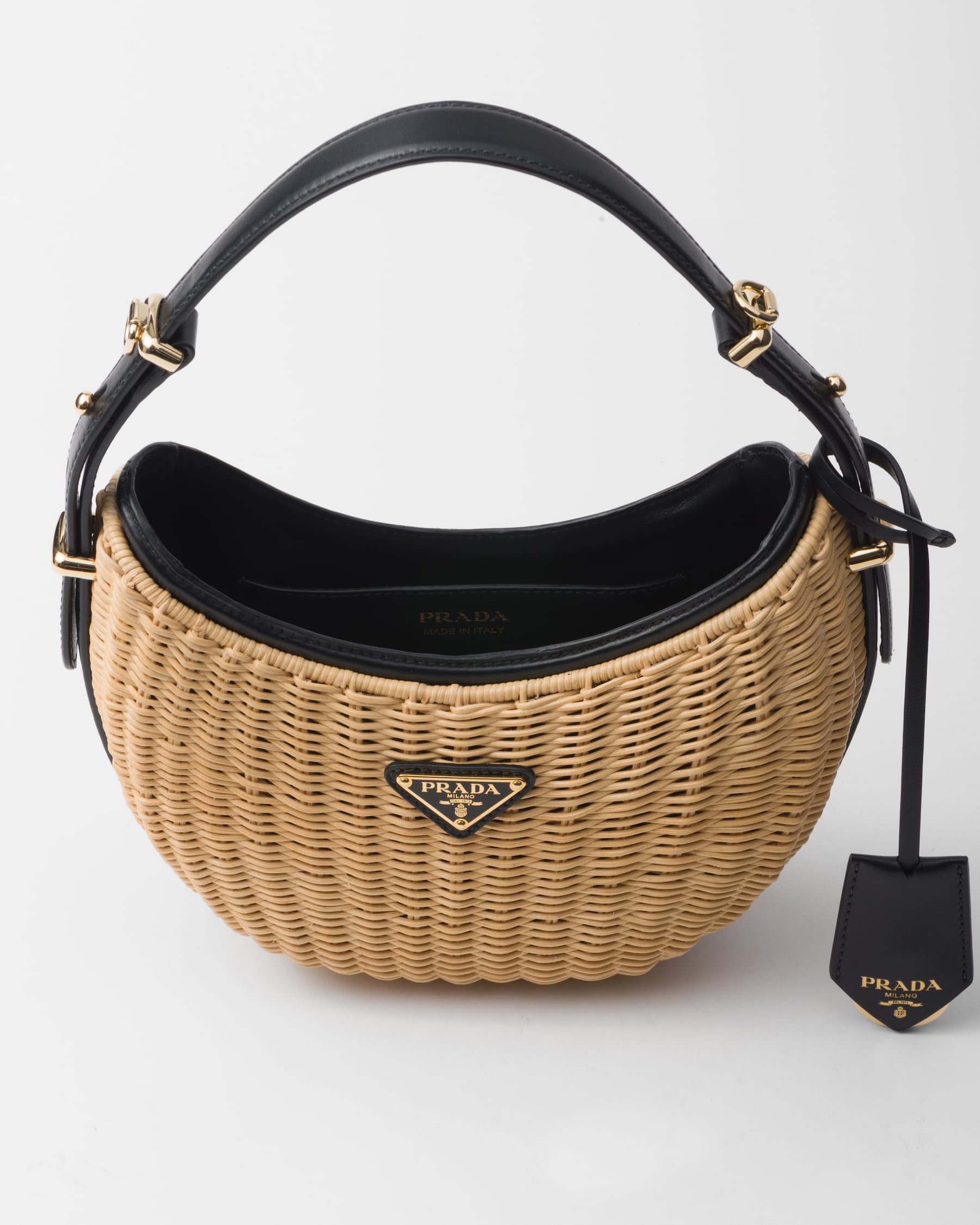 Tan/black Wicker And Leather Prada Arqué Bag | PRADA