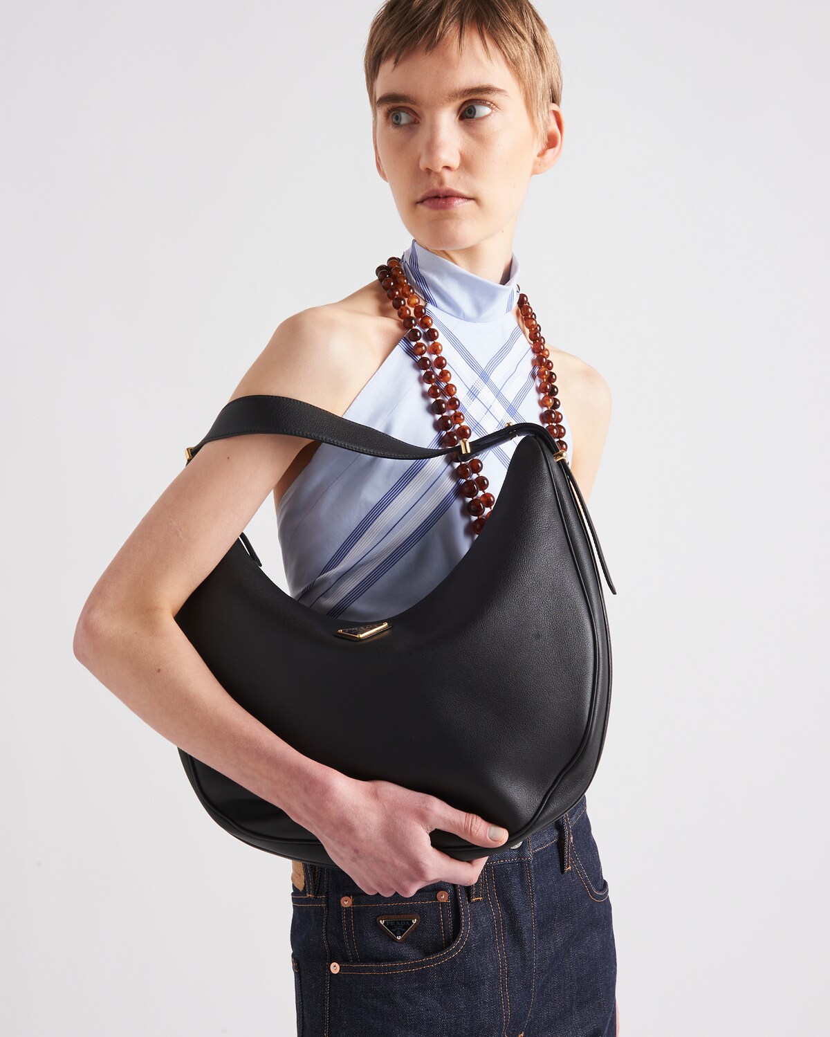 Black Prada Arqué Large Leather Shoulder Bag | PRADA