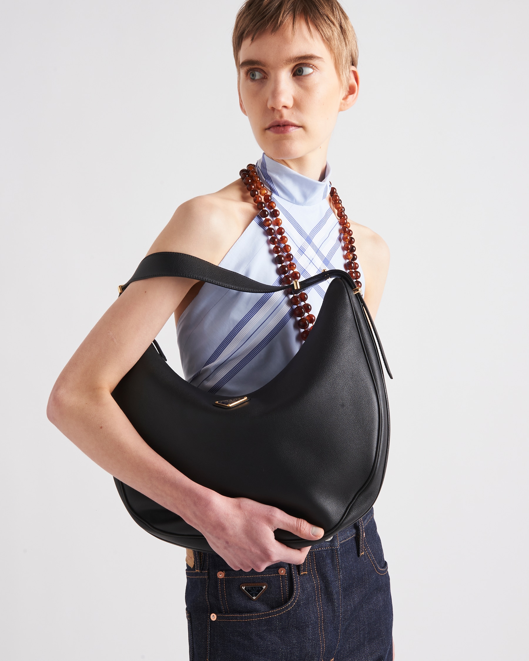 Black Prada Arqué Large Leather Shoulder Bag | PRADA