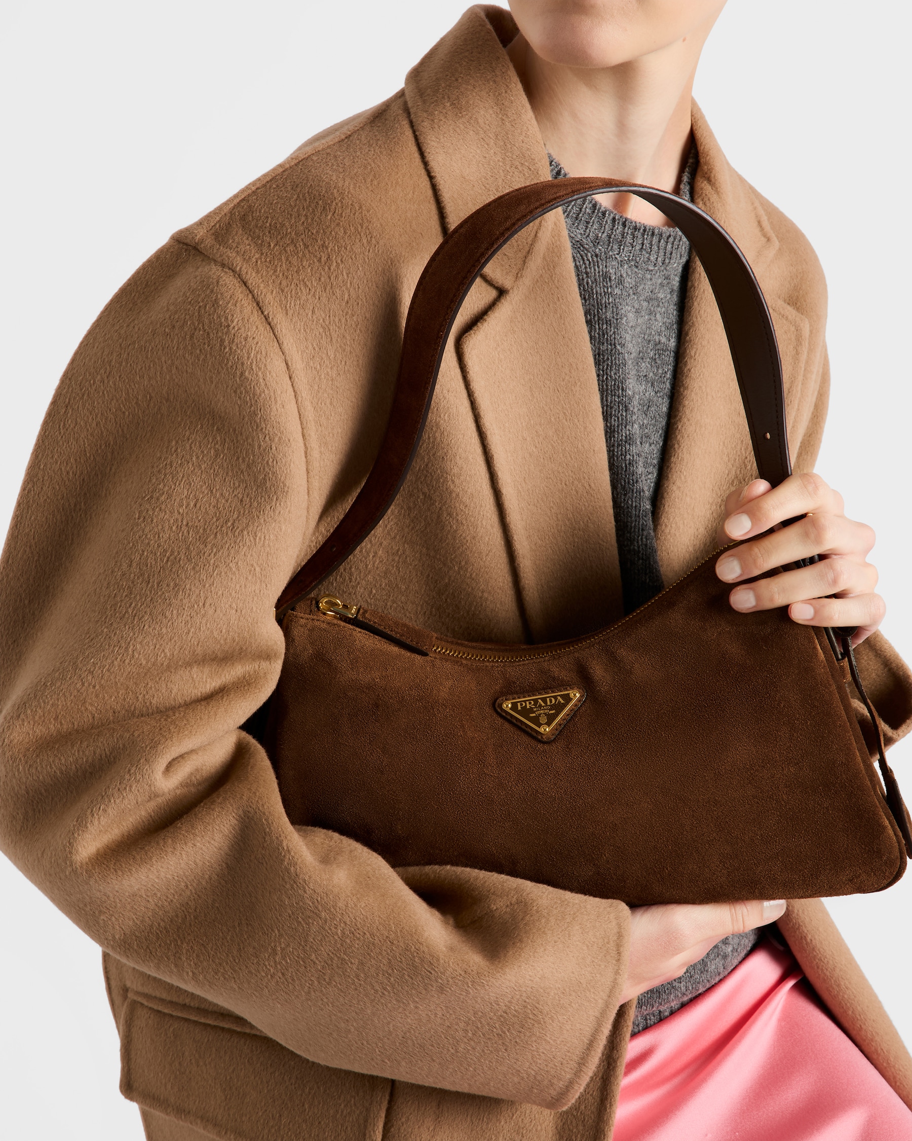 Cocoa Brown Prada Aimée Medium Suede Shoulder Bag | PRADA