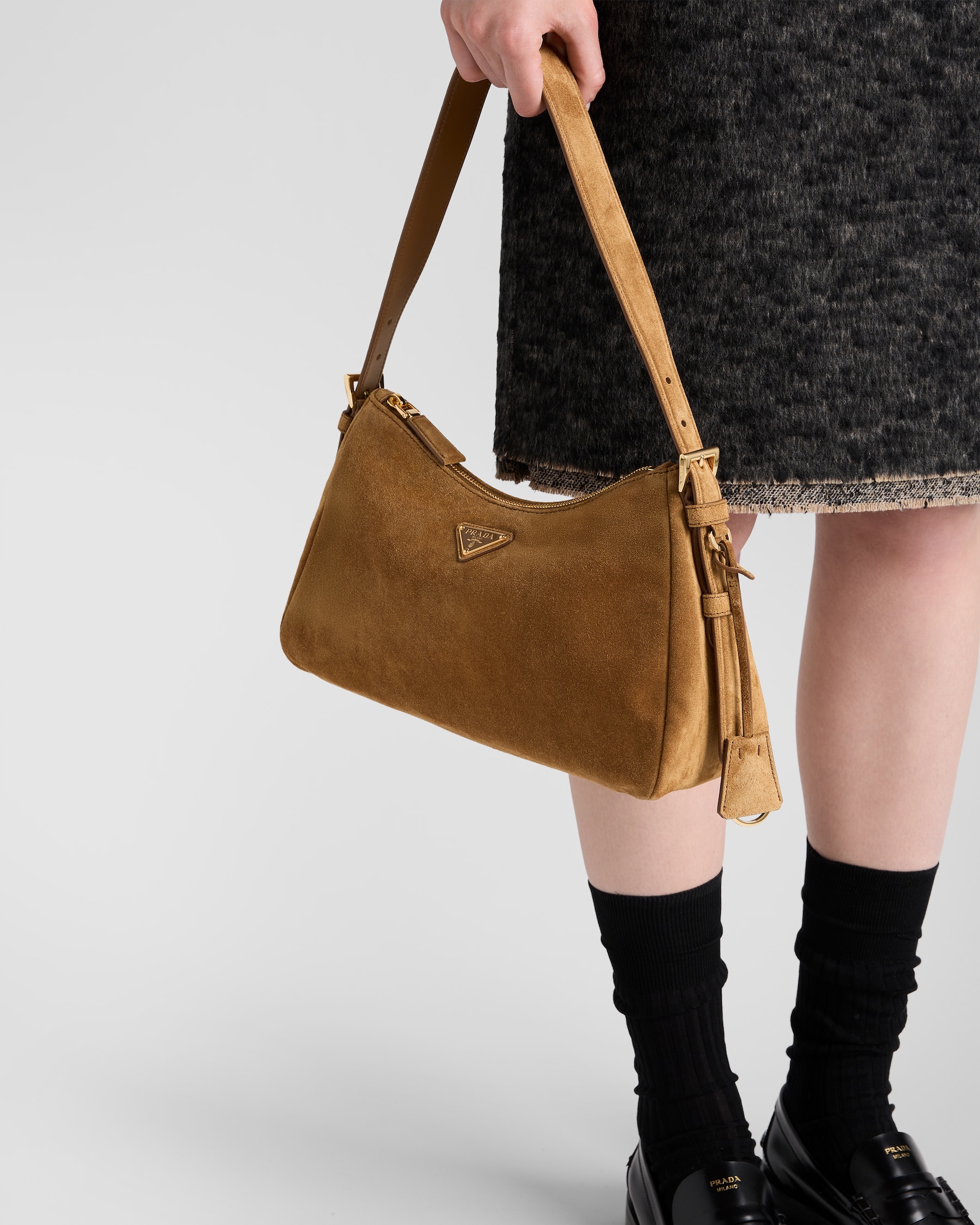 Cinnamon Prada Aimée Medium Suede Shoulder Bag | PRADA - United States