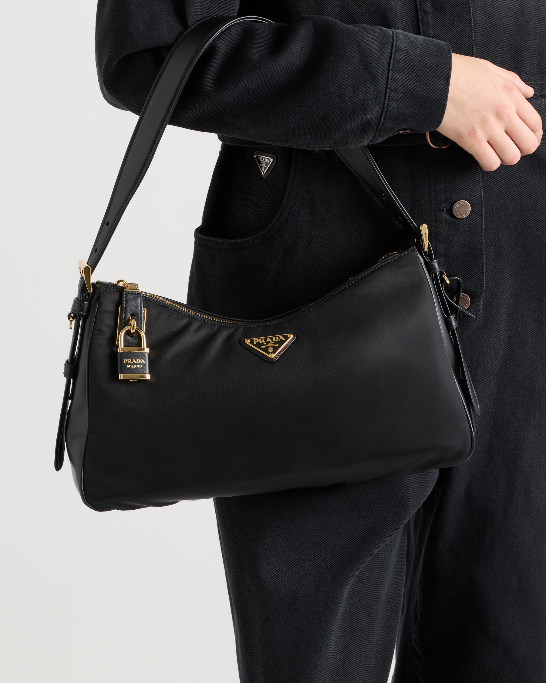 Black Prada Aimée Large Re-nylon And Leather Shoulder Bag With Padlock | PRADA