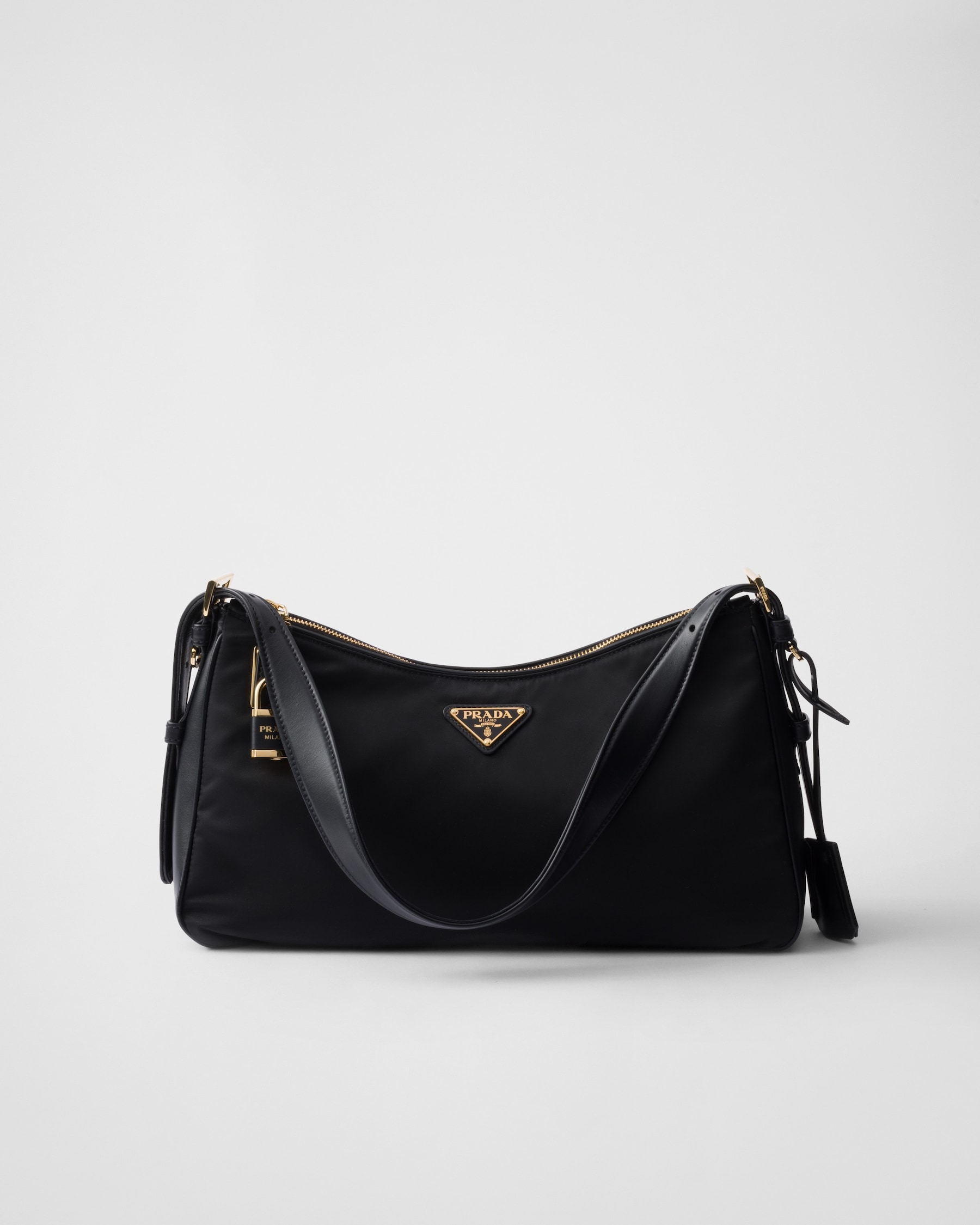 Black Prada Aimée Large Re-nylon And Leather Shoulder Bag With Padlock | PRADA